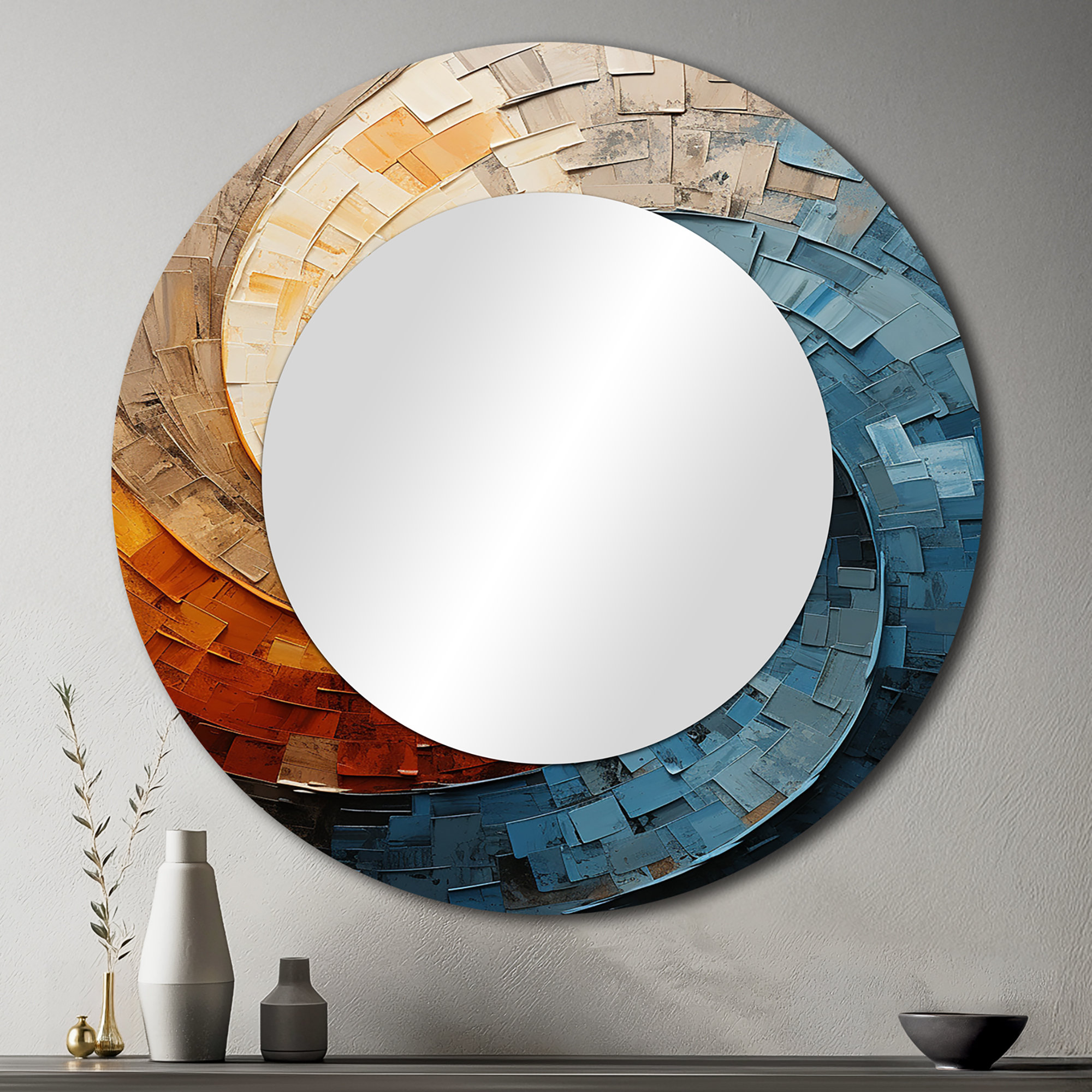 Design Art Collaged Spiral - Abstract Spirals Large Mirror, Teal Round ...