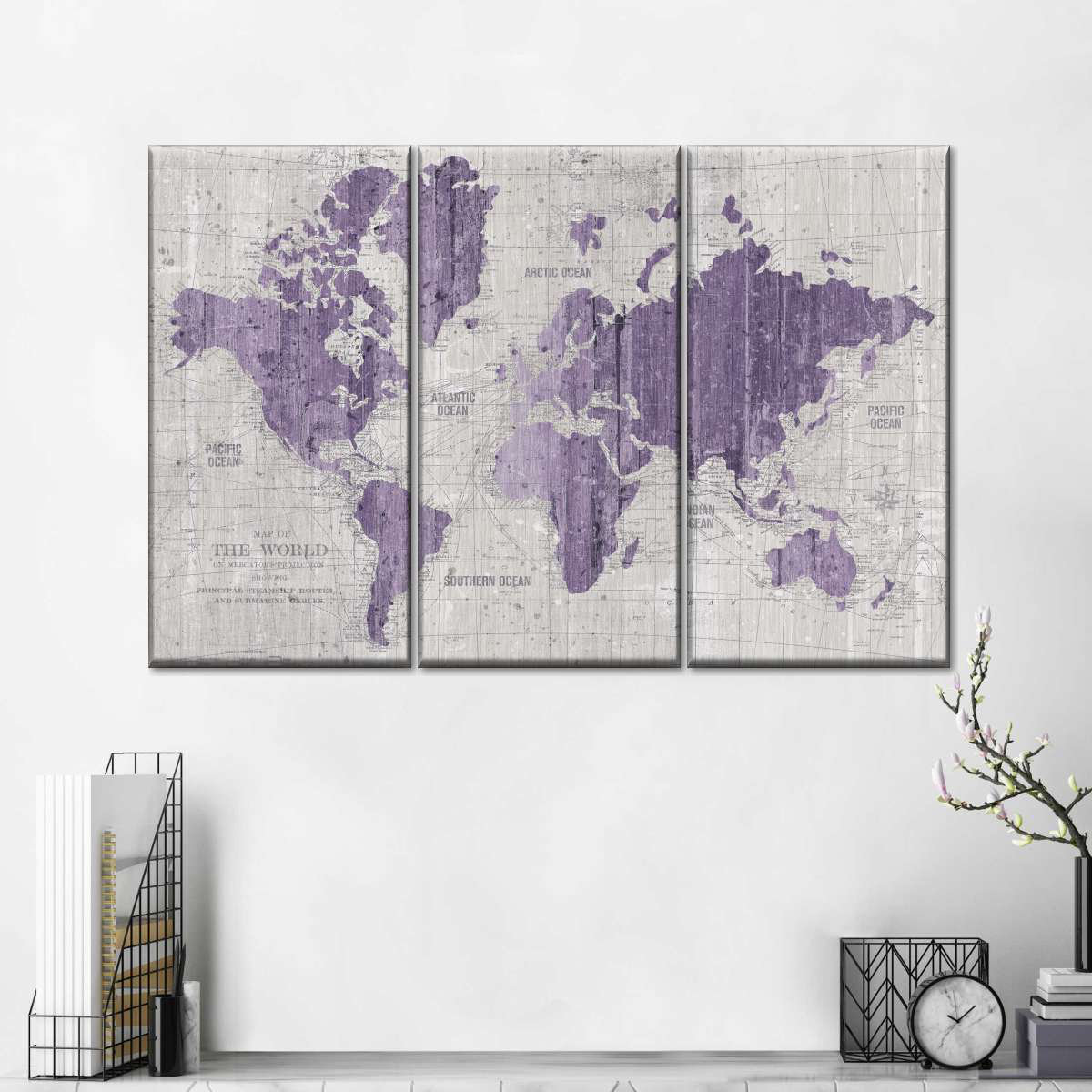 August Grove® Old World Map Purple Gray On Canvas 3 Pieces Set | Wayfair