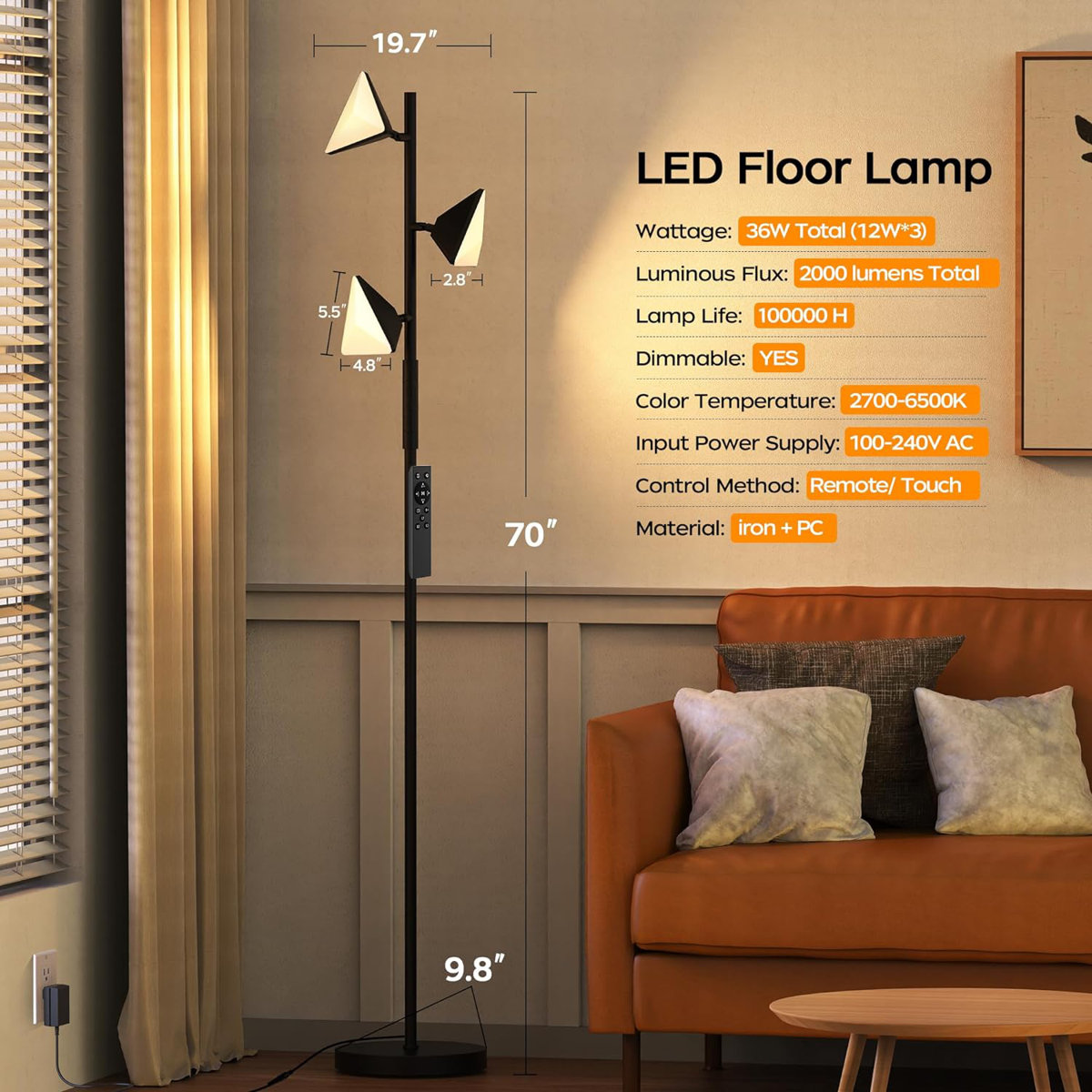 Ebern Designs Eulonda 70'' RGBCW Floor Lamp Stepless Dimmable LED Tall ...