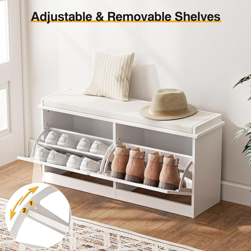 Hokku Designs Shoe Storage Bench With 2 Flip Drawer & Seat Cushion ...