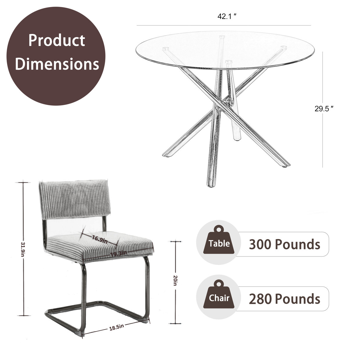 Mercer41 5 Piece Round Dining Set, 42 Inch Glass Dining Table and 4 ...