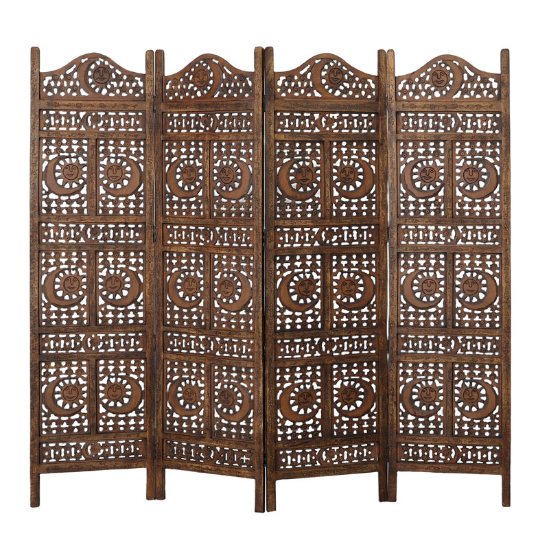 Bloomsbury Market Jarett Carved Sun and Moon 4 Panel 2.3ft Room Divider ...