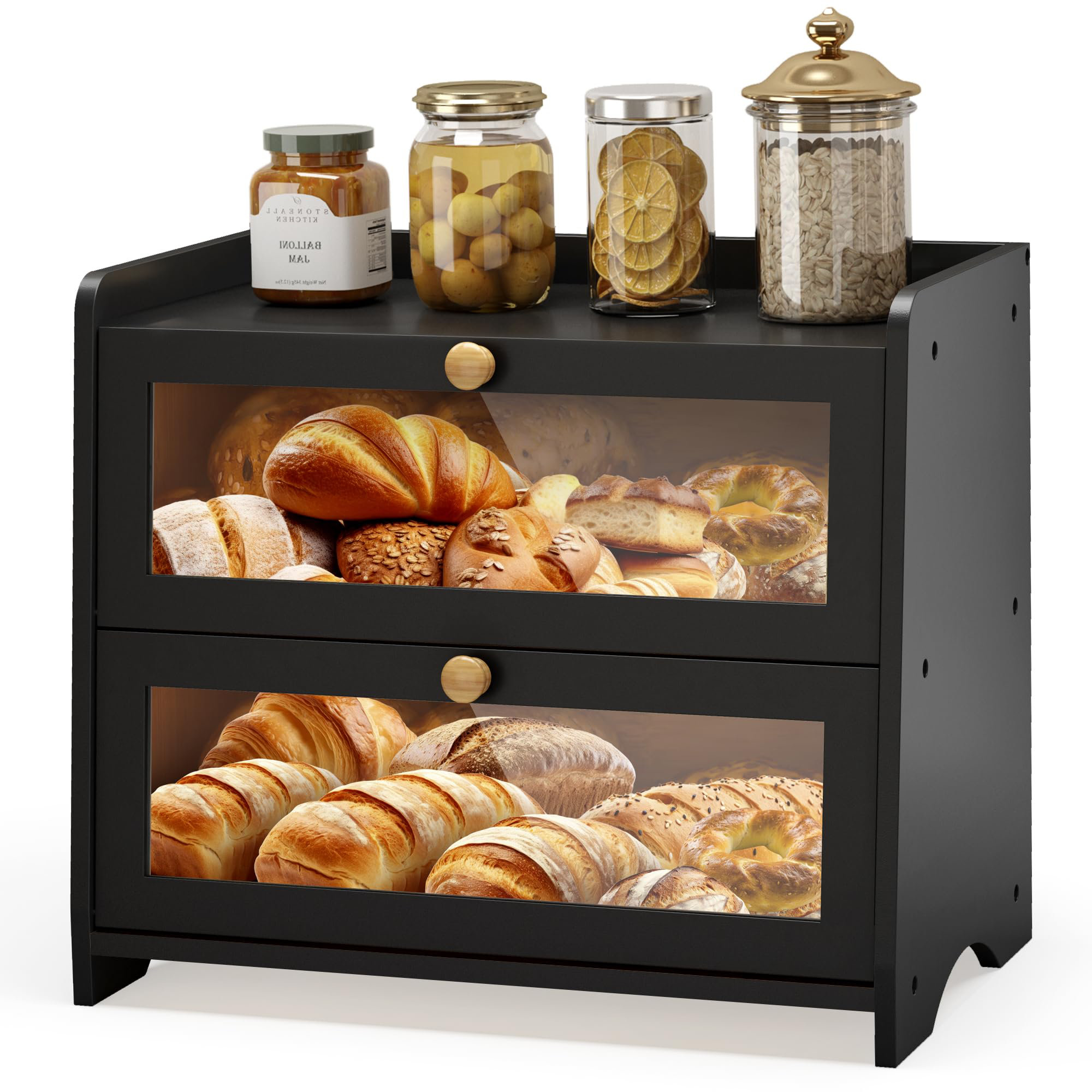 One Allium Way® Kitchen Countertop Double Bread Box With Window, Wooden ...
