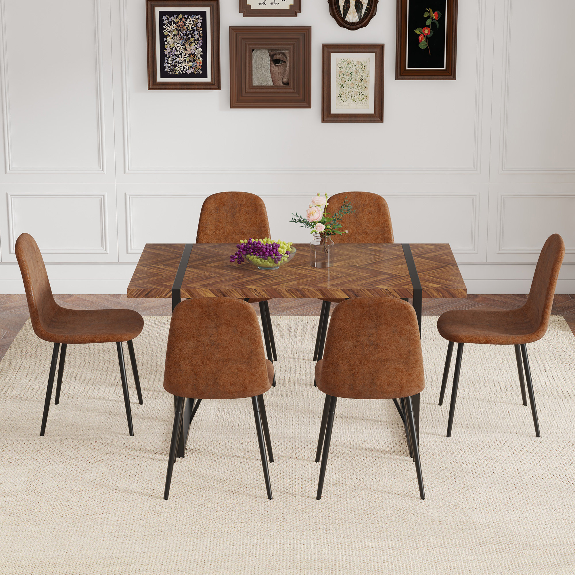 17 Stories Retro Dining Table Set, Fishbone Patterned Mdf Top, Black ...