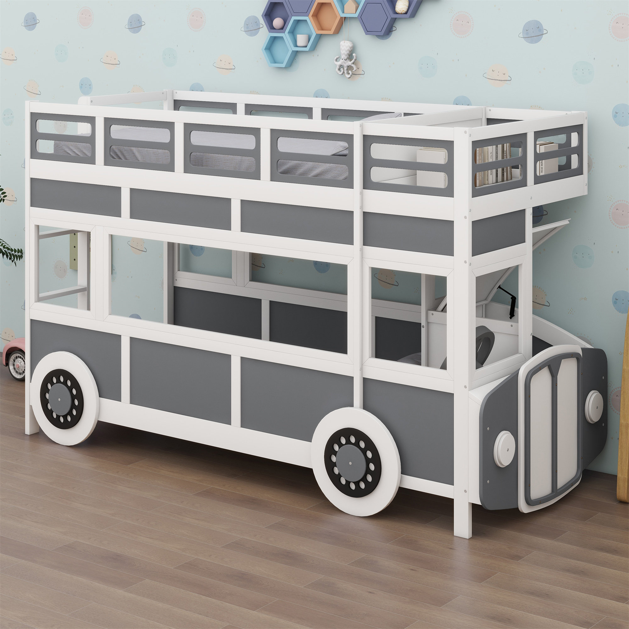 Harriet Bee Bus-Shaped Bunk Bed With Decorative Wheels And Storage ...