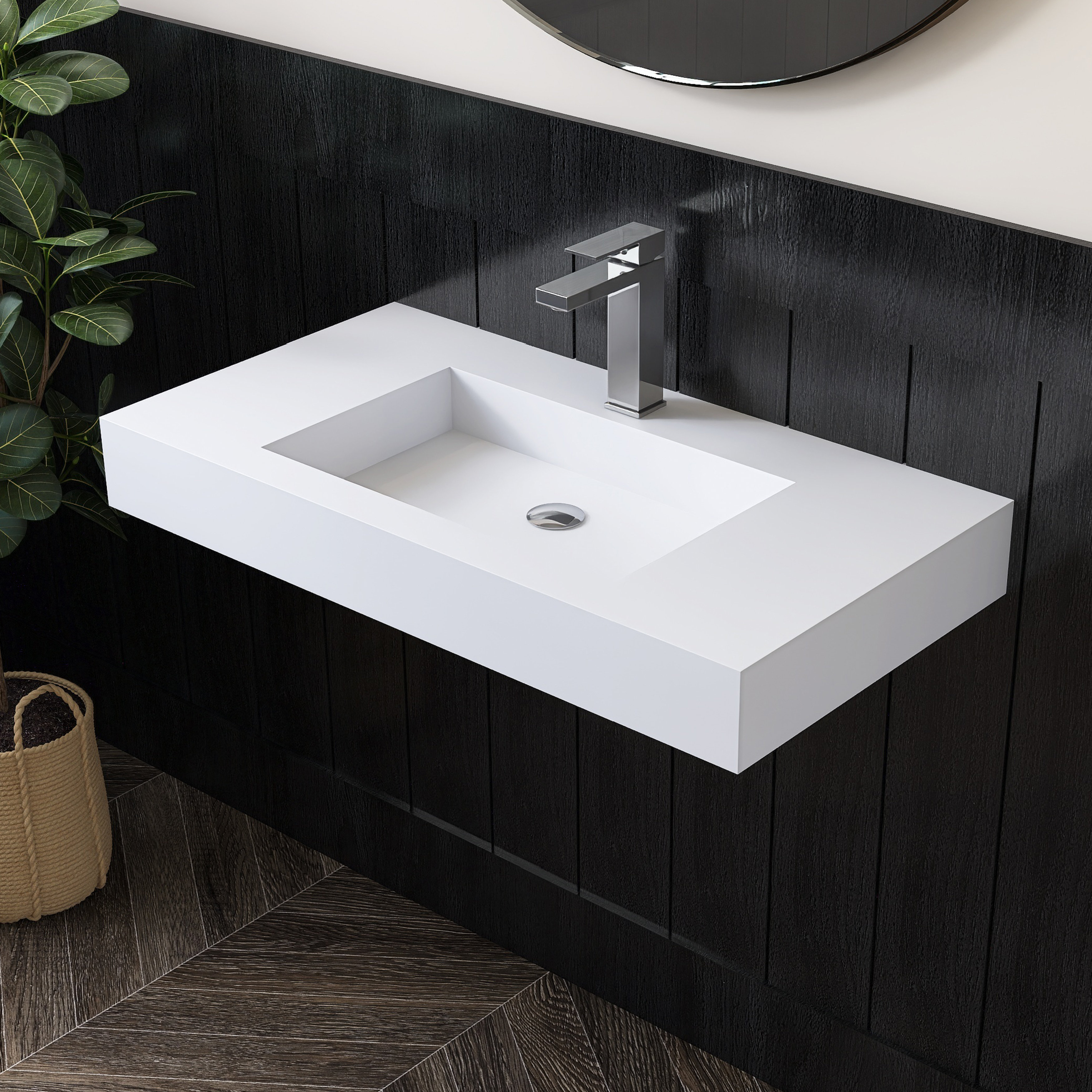 MEDUNJESS 35'' Wall Mounted Bathroom Sink Solid Surface Sink with ...