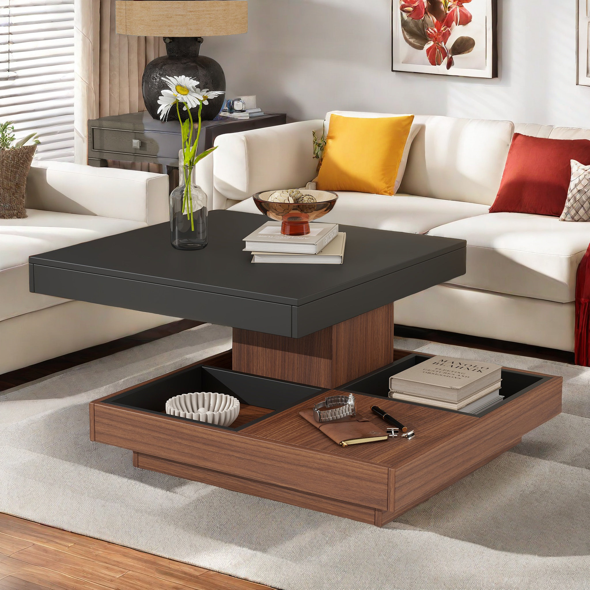 Latitude Run® Ellsinore Modern Square 360°Rotating Coffee Table with ...