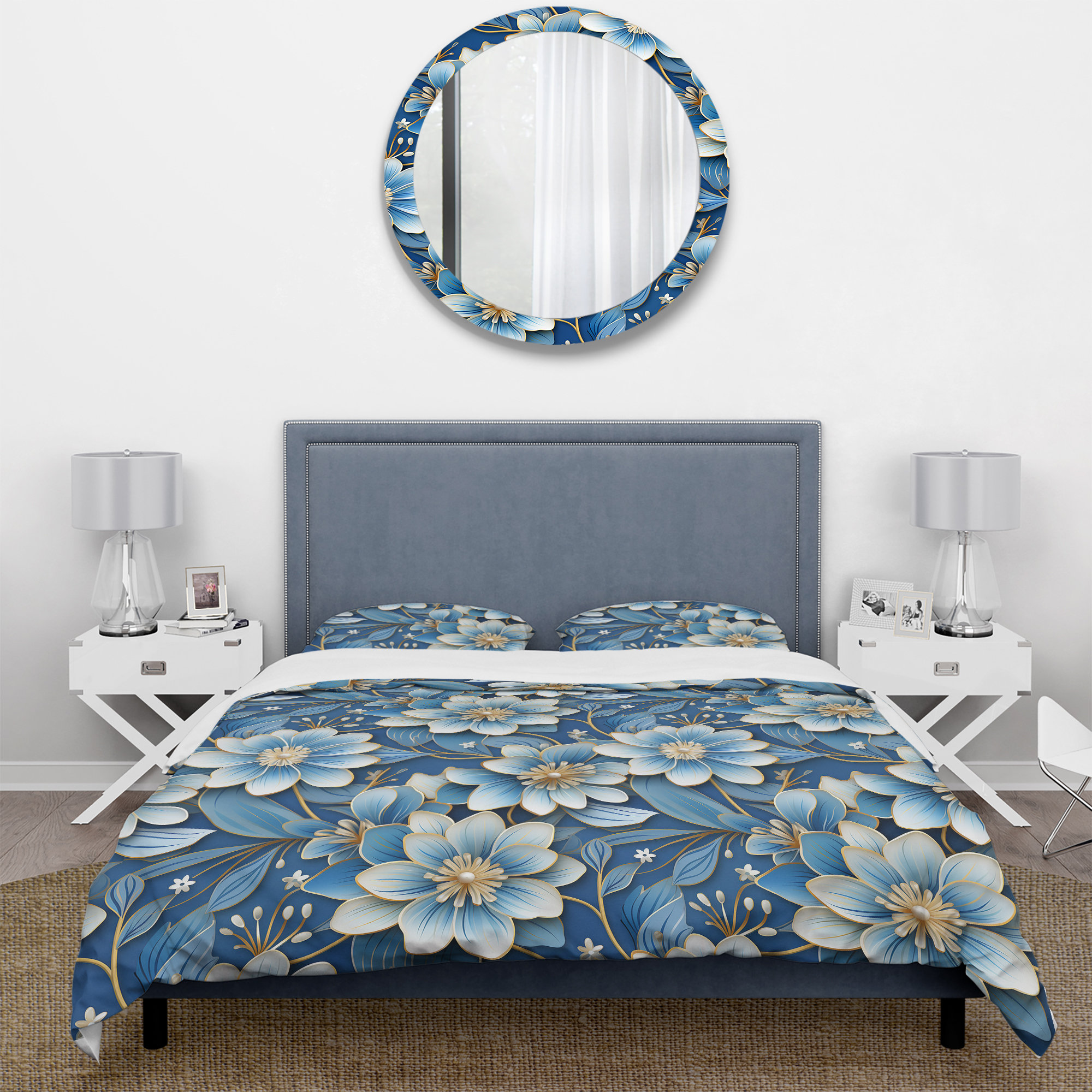 Design Art Moroccan Delight Floral Intrigue I Blue/Gold Microfiber ...