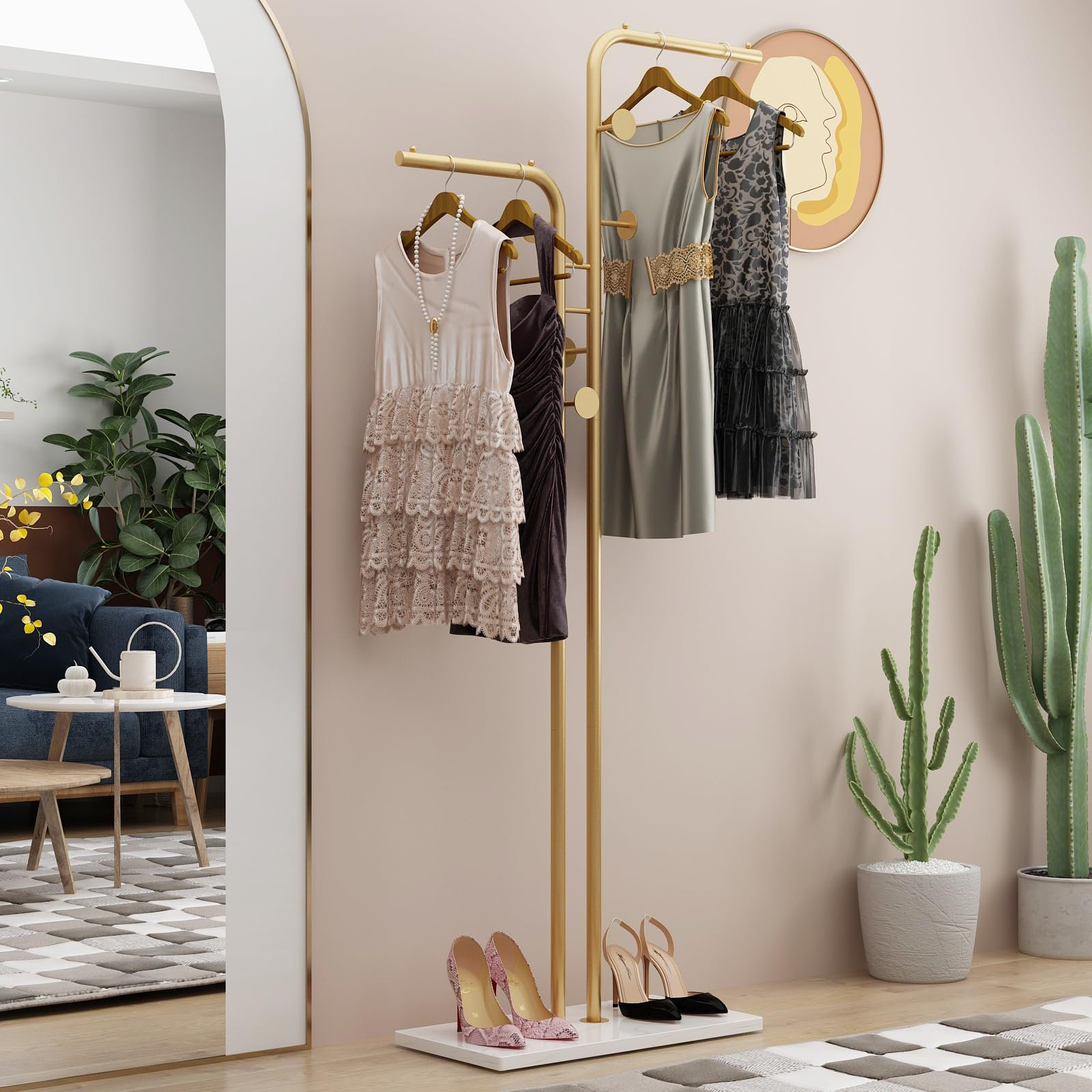 Everly Quinn Double-Pole Metal Coat Rack, Gold Coat Rack Freestanding ...