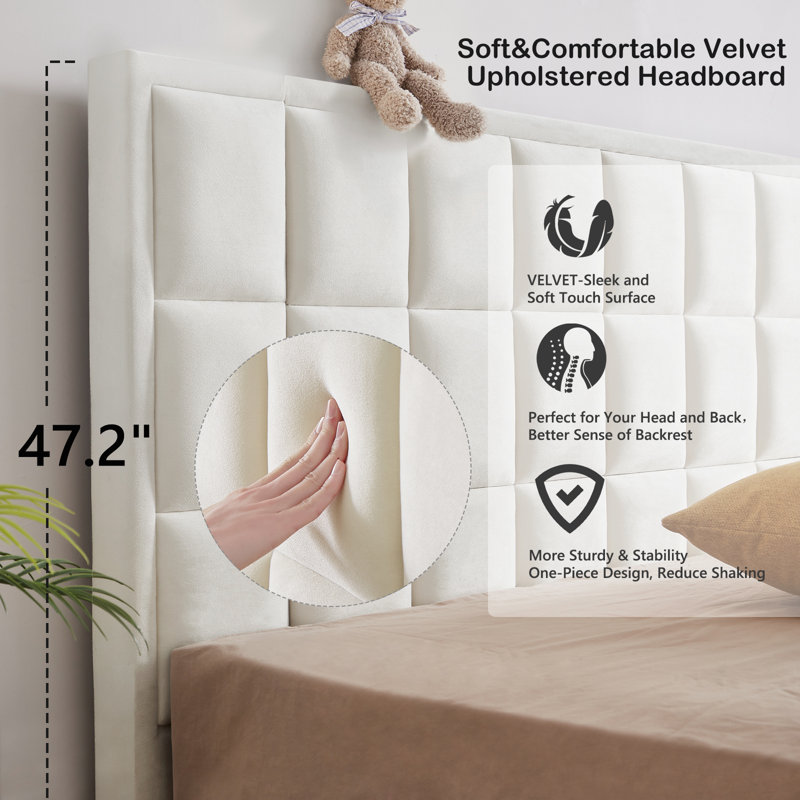 Mercer41 Torrick Bed Frame Cozy Velvet Upholstered Bed Frame with ...