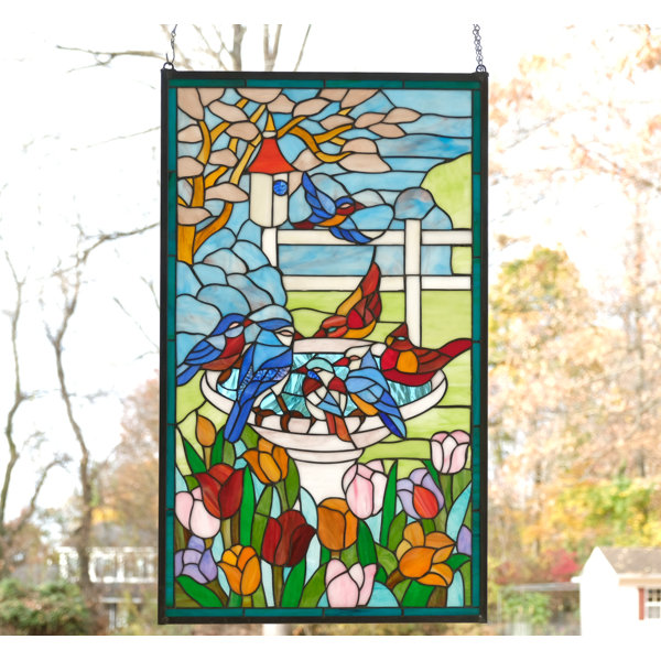 Red Barrel Studio® Stained Glass Bird Bath with Flowers Window Panel ...