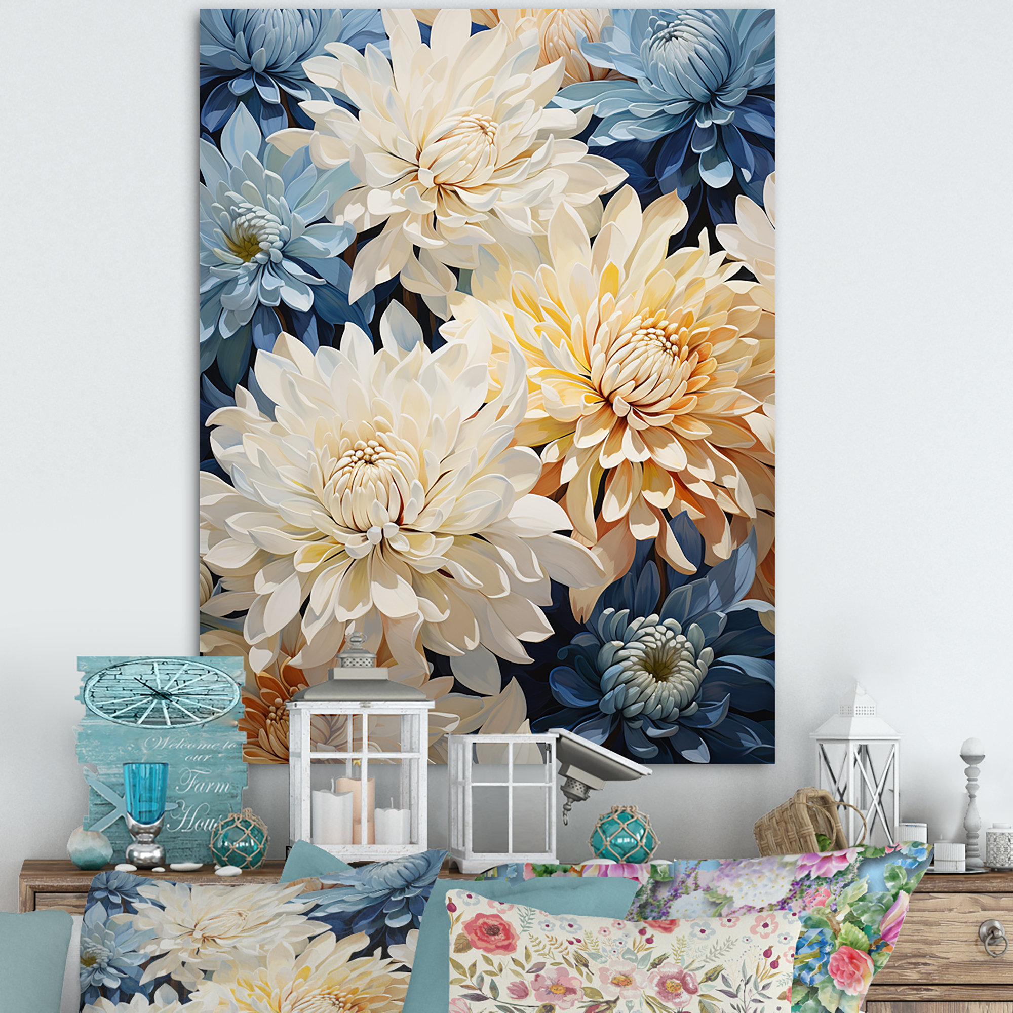 Design Art Minimalism Blooming Mums In Blue And Gold III On Canvas ...
