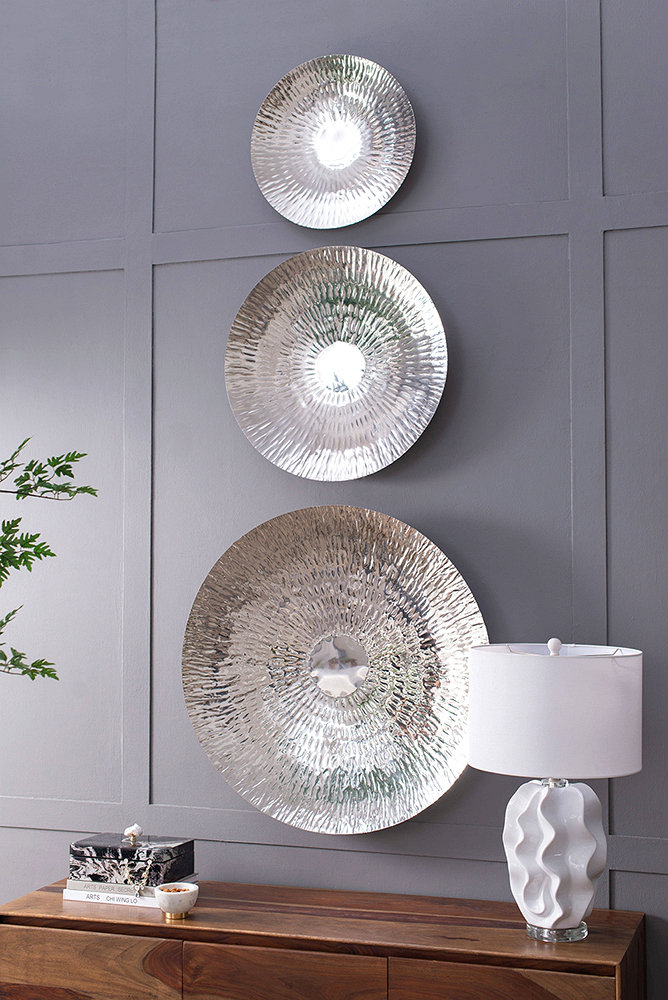 Orren Ellis Silver Textured Oversized Disc, Wall Decor For Living Room ...