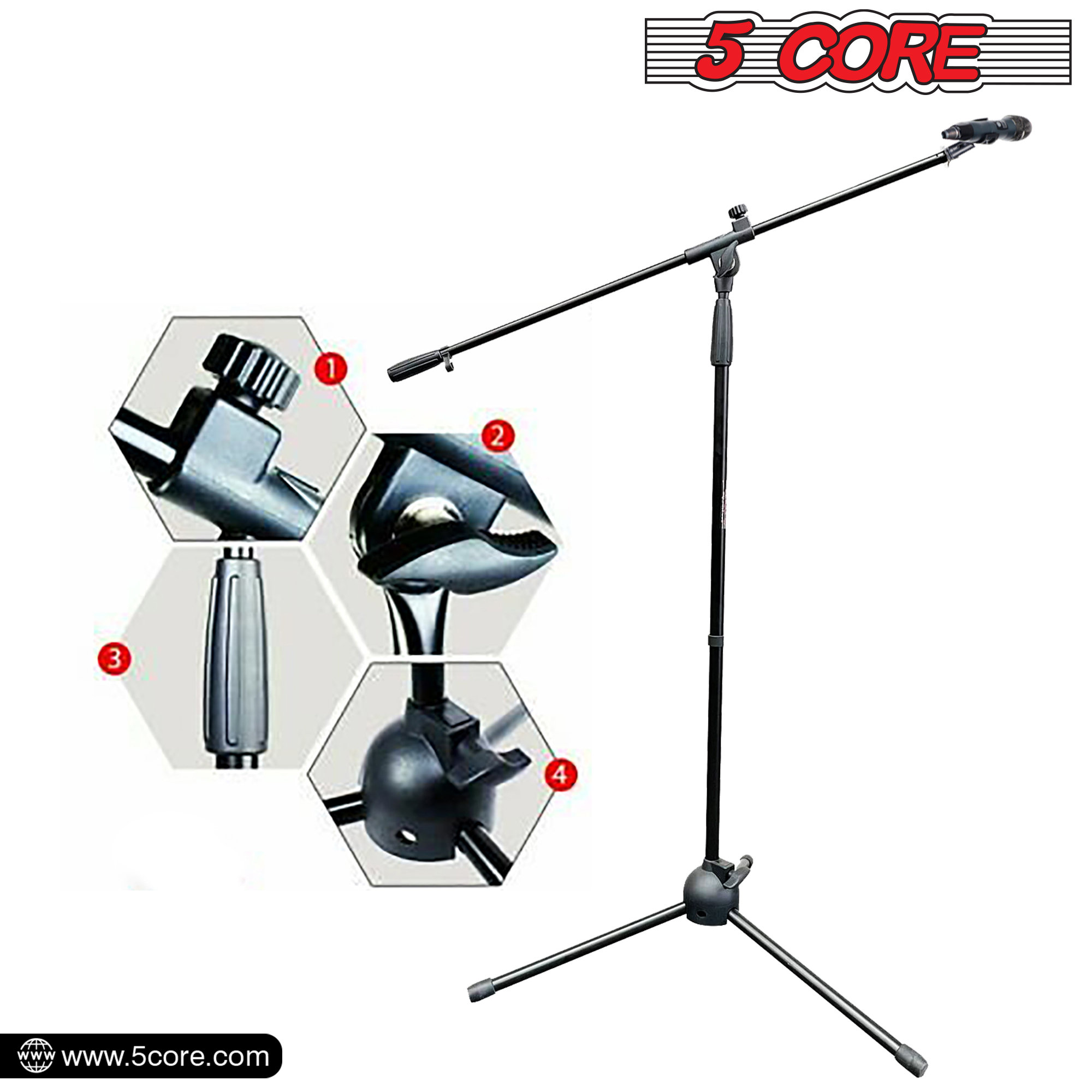 5 Core Tripod Mic Stand Heavy Duty Adjustable Floor Microphone Boom Arm ...