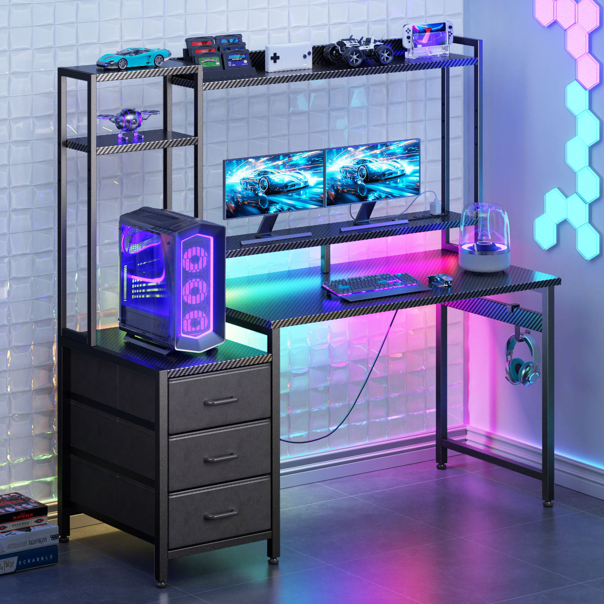 Ebern Designs Hayden Computer Desk with Drawers & Hutch Shelves, Office ...