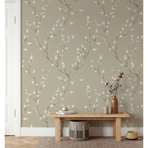 Charlton Home® Minimalist Willow Branch Wallpaper Soft Beige Background ...