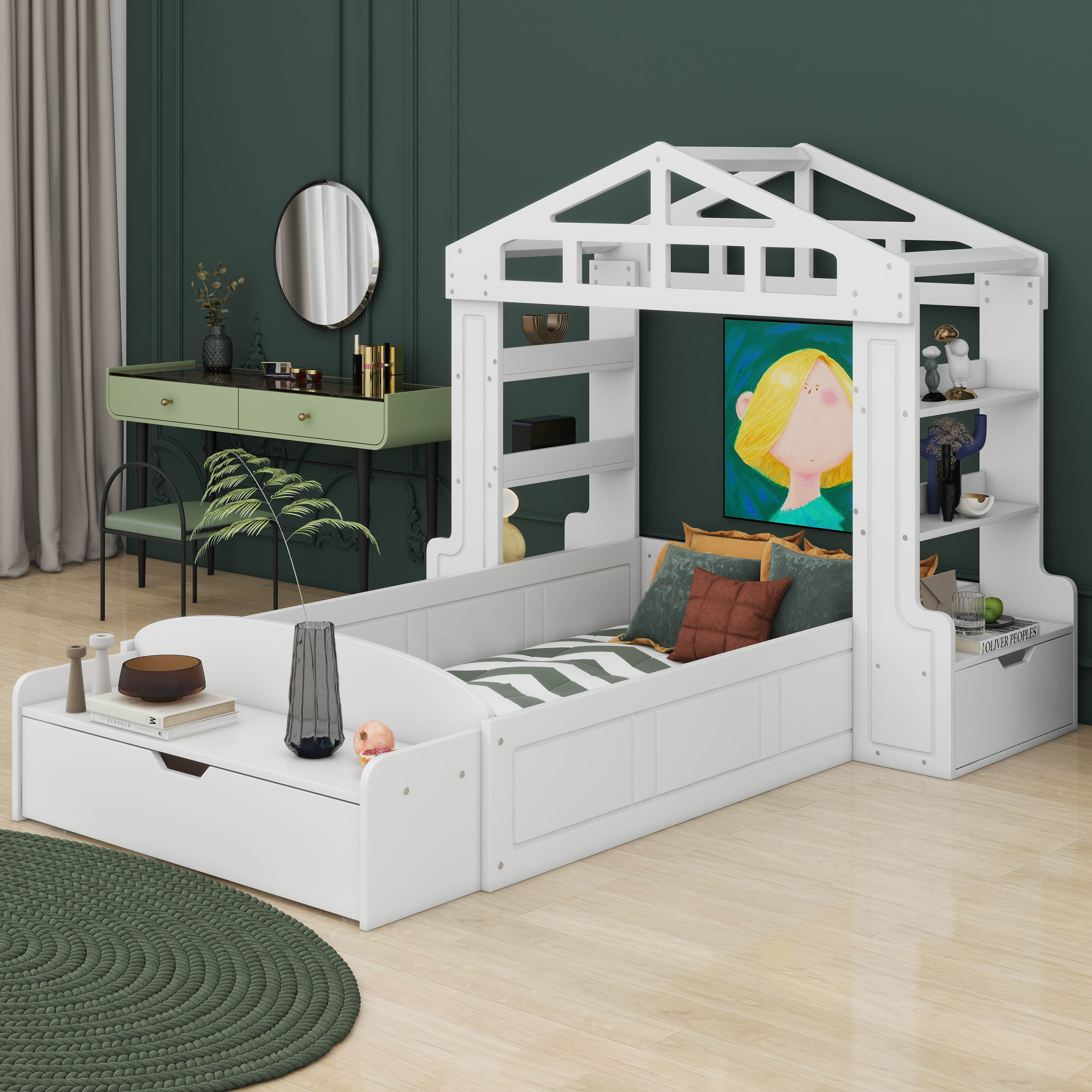 Latitude Run® Twin Size House Bed With Bench, Socket And Shelves ...