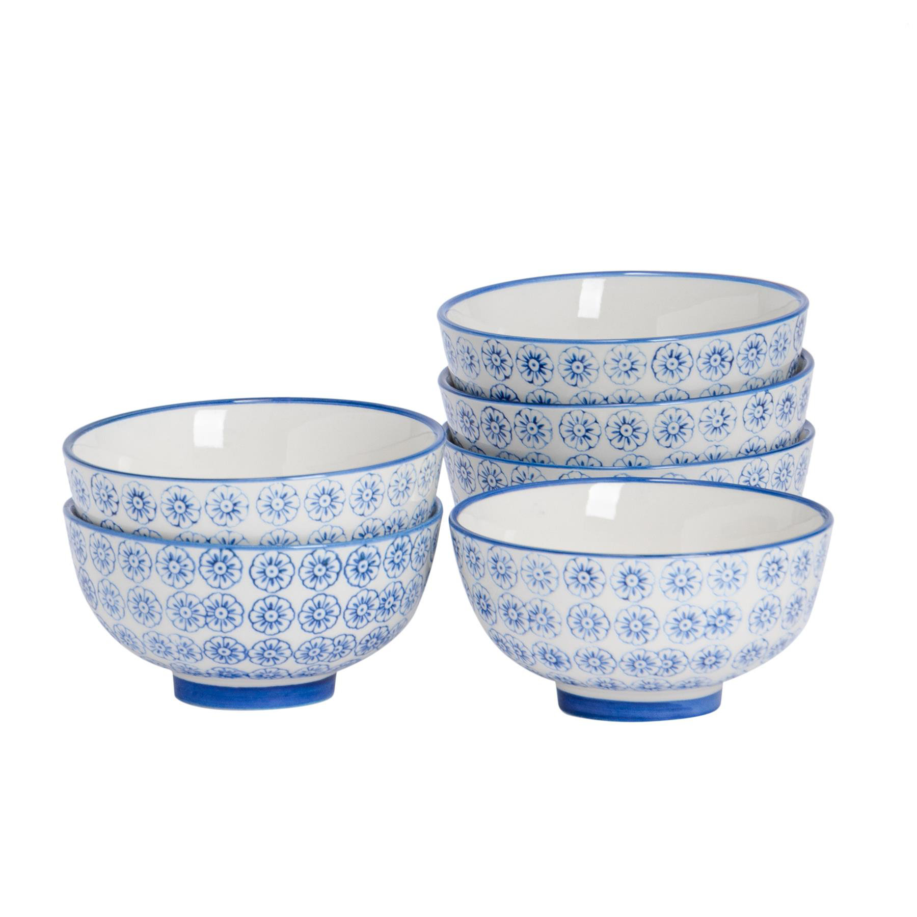 Nicola Spring Hand-Printed Rice Bowls - 12cm - Navy - Pack of 6 ...