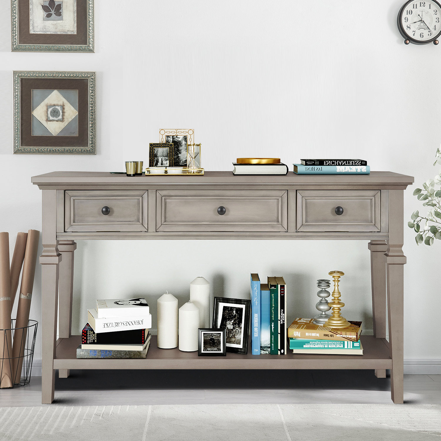 Rosalind Wheeler Console Table With Tapered Pine Legs, Matte Metal ...