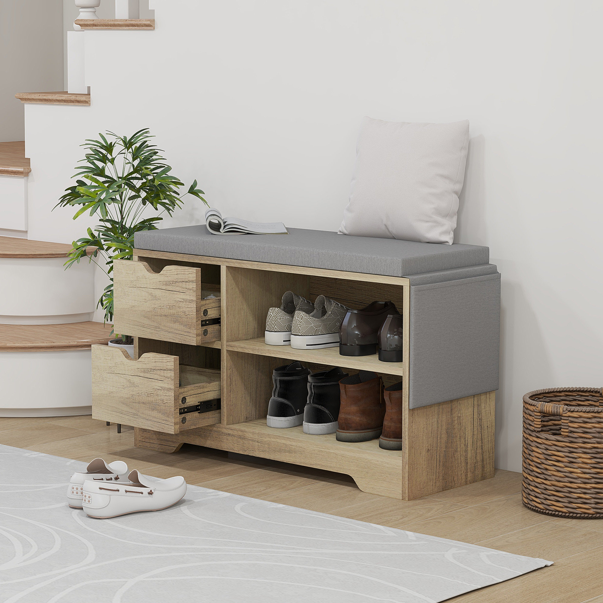 Dovecove Entryway Shoe Bench with Storage Drawer Open Shelf Pocket Grey ...
