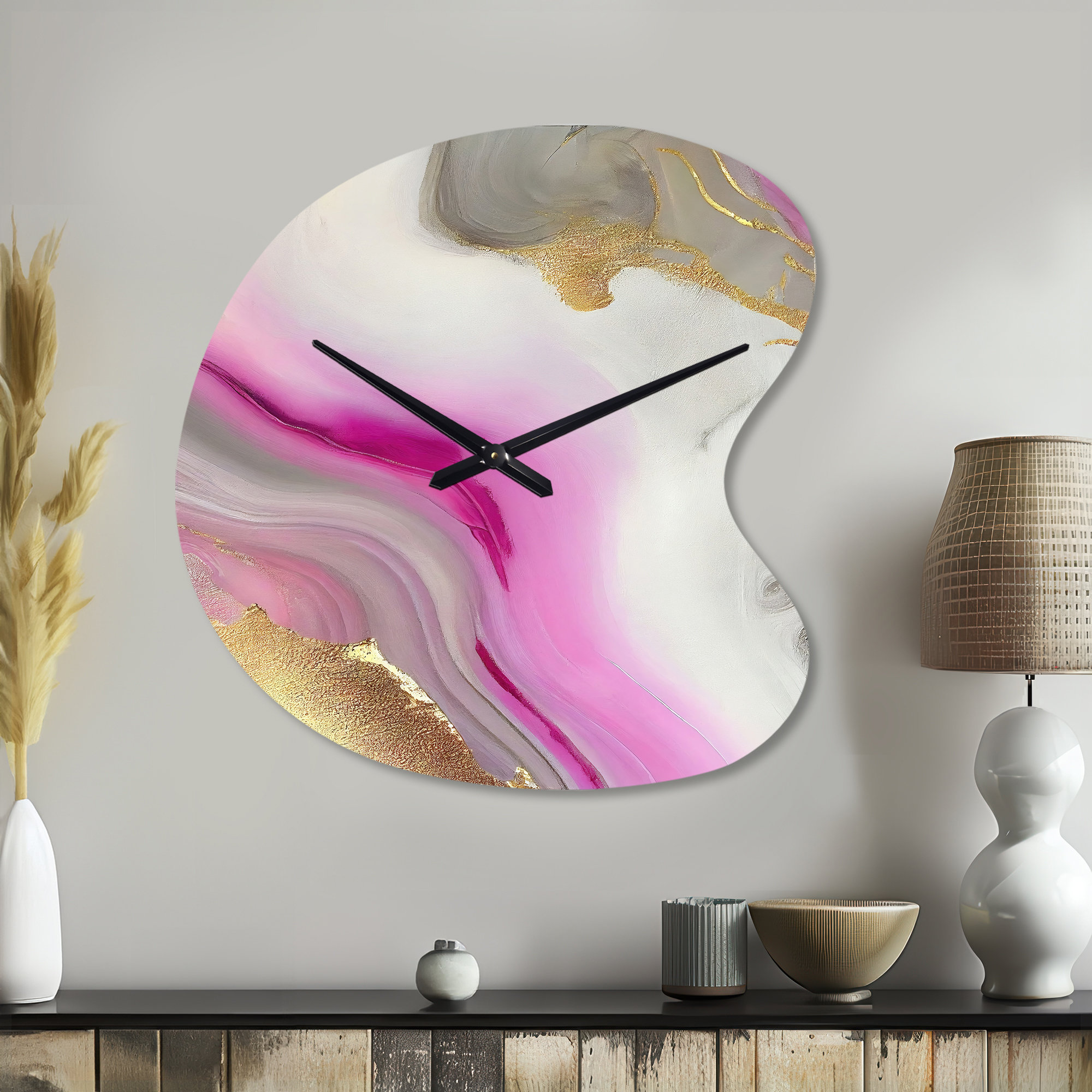 Design Art Pink And Gold Marble Abstract II - Asymmetrical Marble Metal Wall Clock, Pink Wall ...