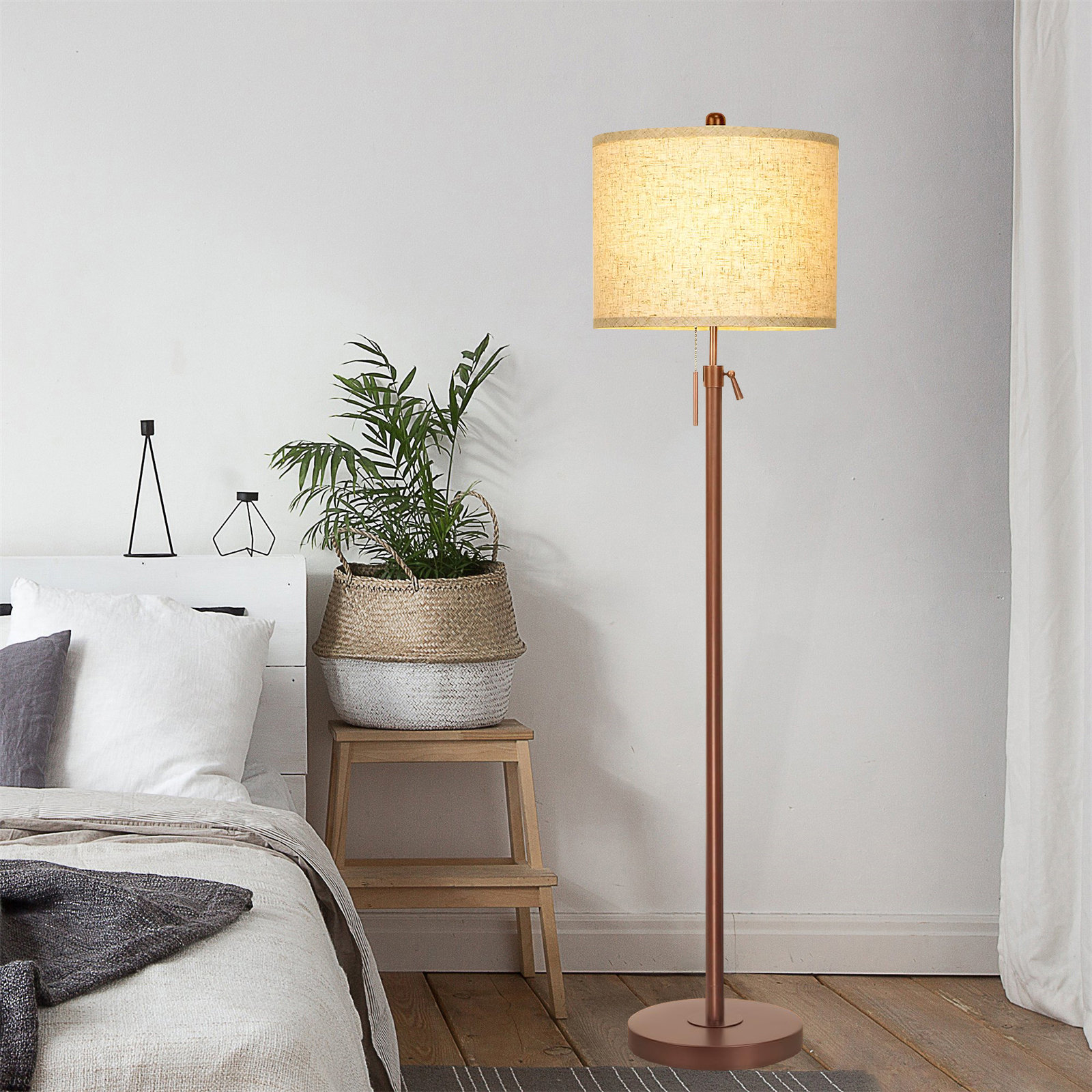 Latitude Run® Adjustable Height Floor Lamp With 3-Step Dimming & Linen ...