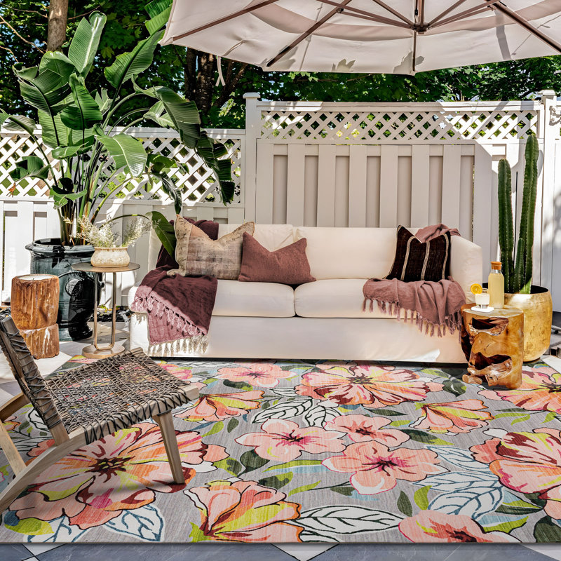 DECOMALL Floral Colorful Design Outdoor Rug Pink/Gray & Reviews | Wayfair