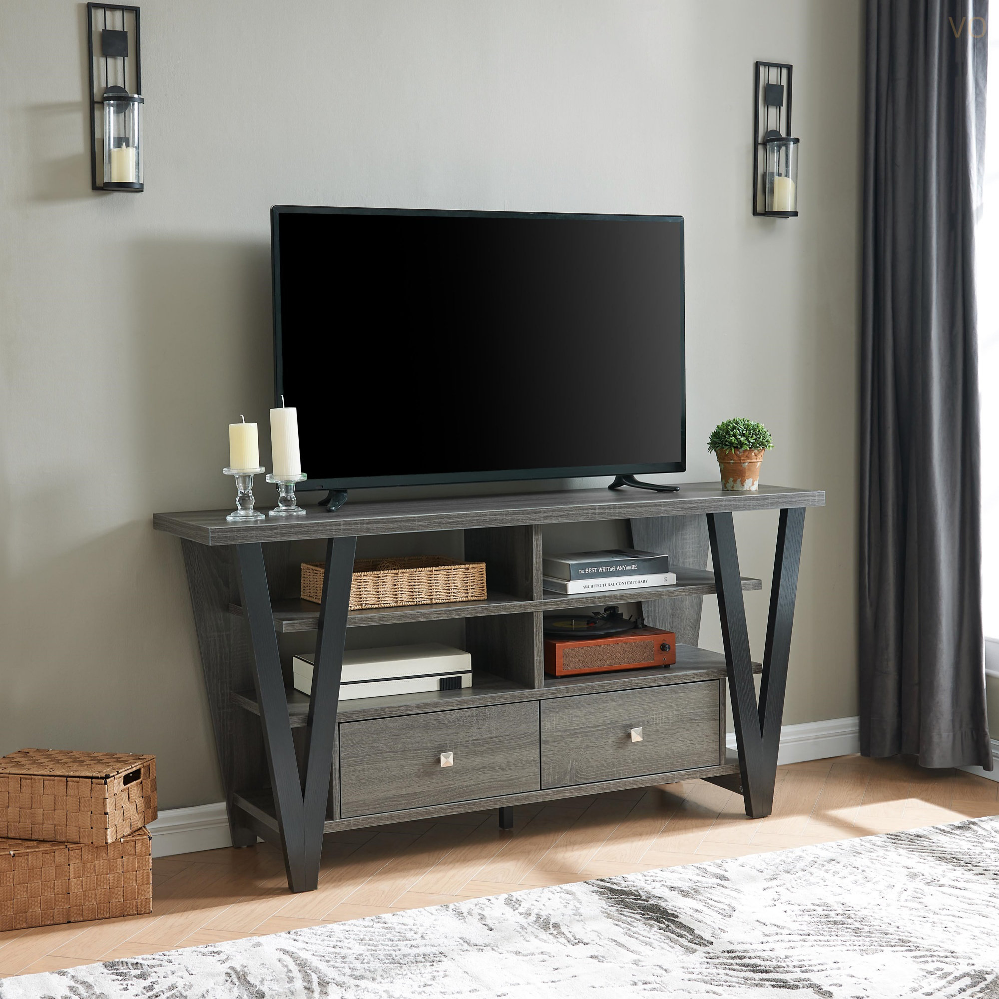 17 Stories Tall TV Stand Cabinet With Two Drawers On Metal Glides Metal ...