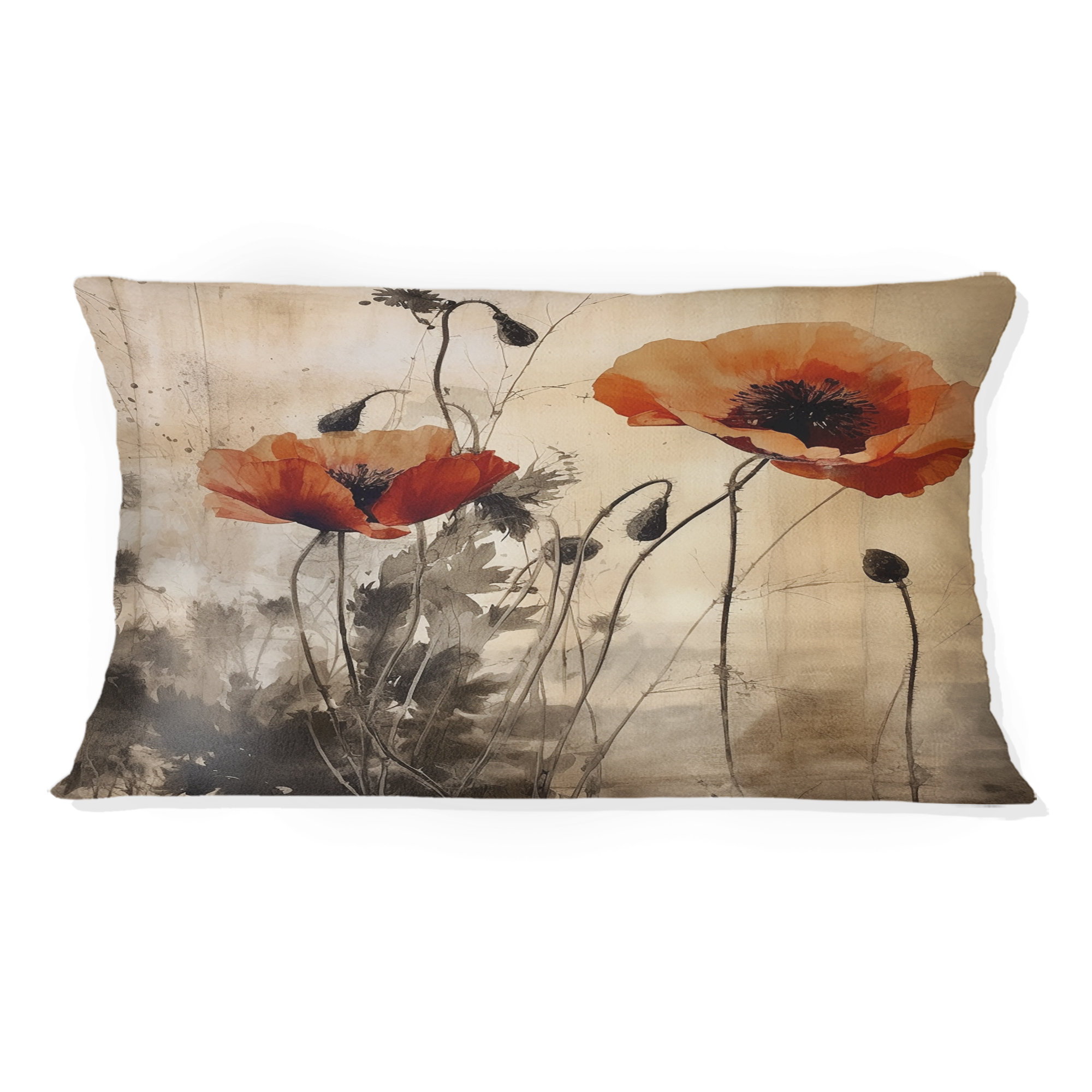 Design Art Vintage Beige Poppies II - Floral Printed Throw Pillow | Wayfair