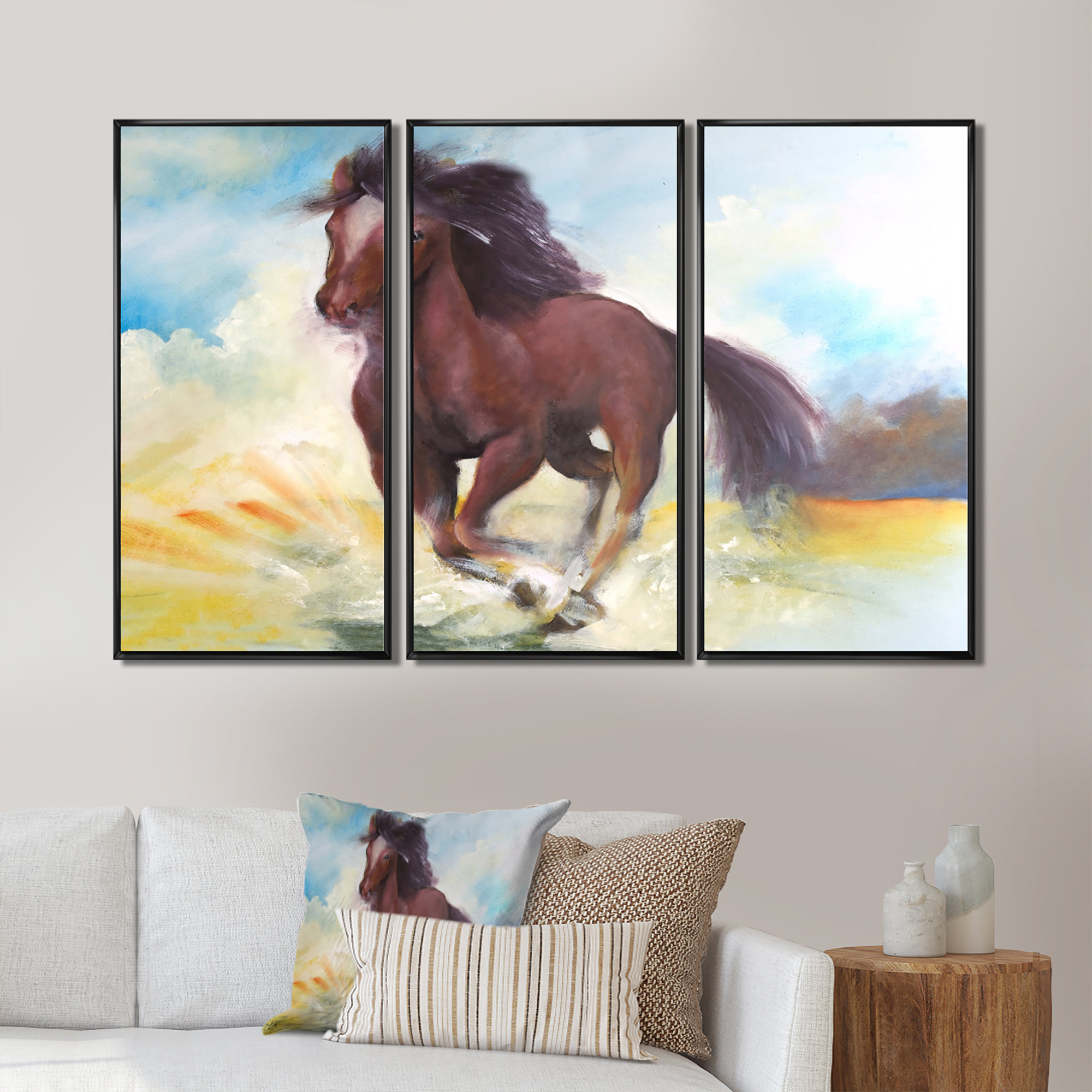 Loon Peak Brown Galopping Horse - Traditional Framed Canvas Wall Art ...