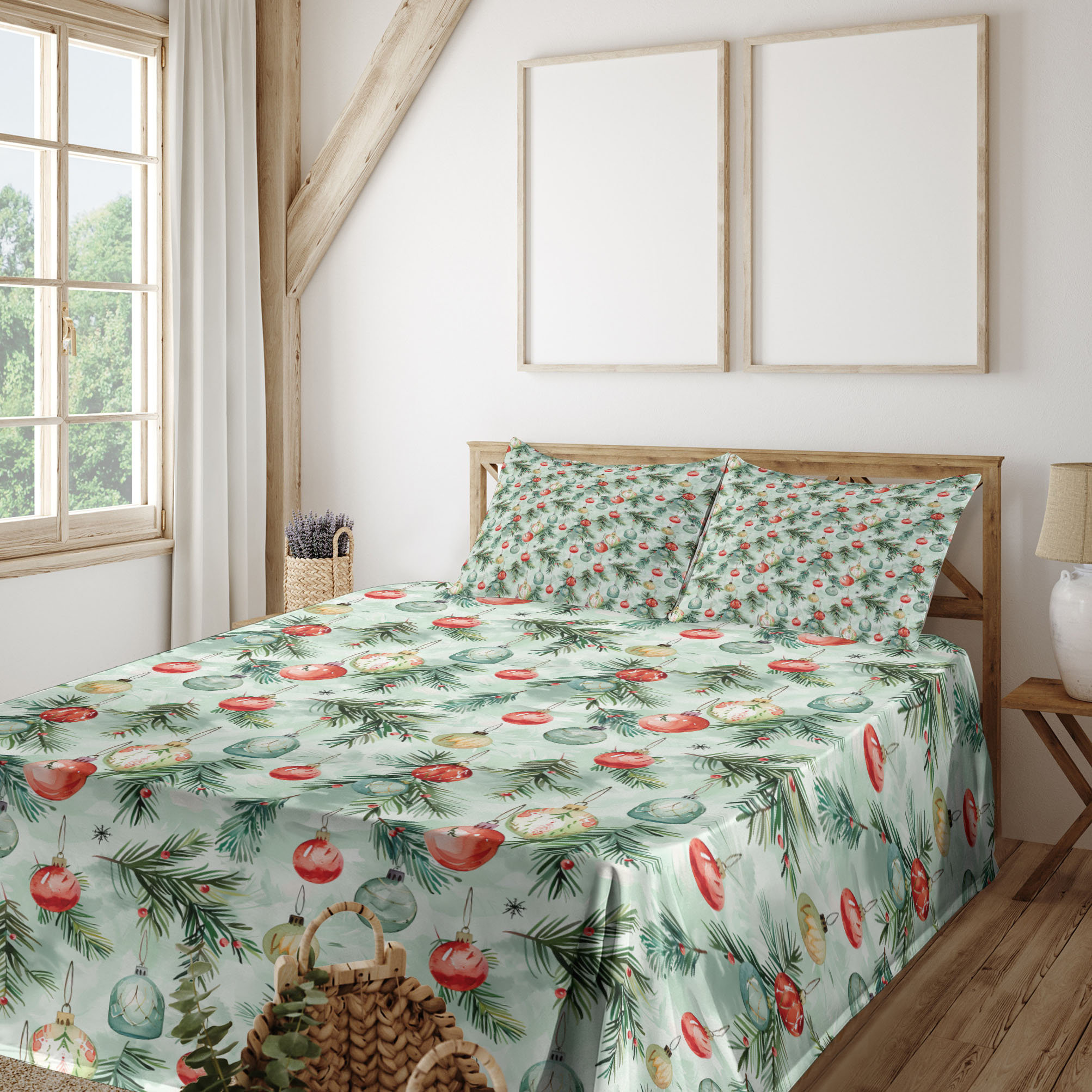 Ambesonne Christmas Sheet Set Xmas Globes and Leaves Pale Mint Green ...
