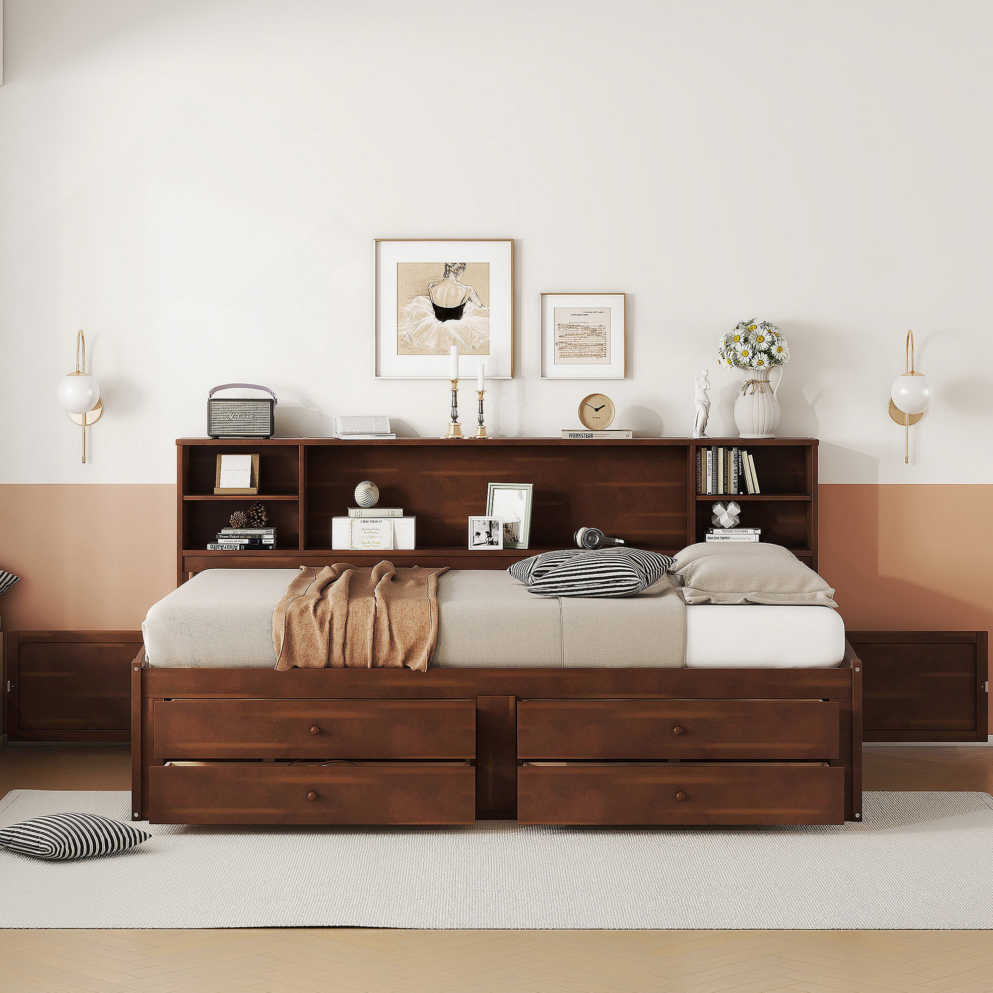 Ophelia & Co. Captain Bed with Built-in Storage Shelves, 4 Drawers and ...