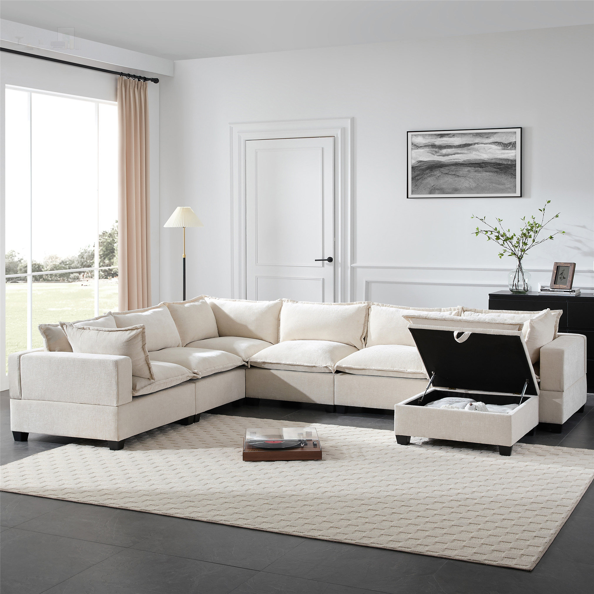 Hokku Designs 118'' Modular Sectional Sofa with Movable Storage Ottoman ...