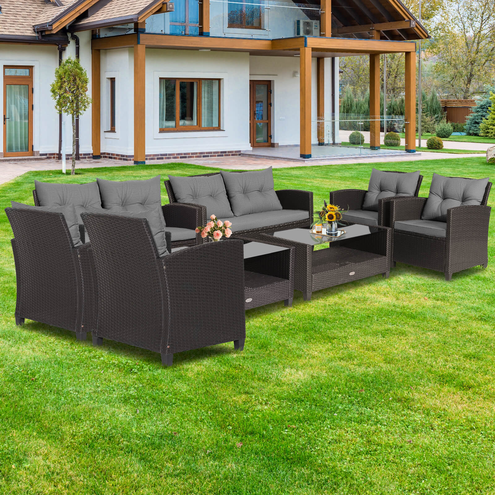 Lark Manor Ensemble de 8 meubles de patio en rotin avec tablette et ...