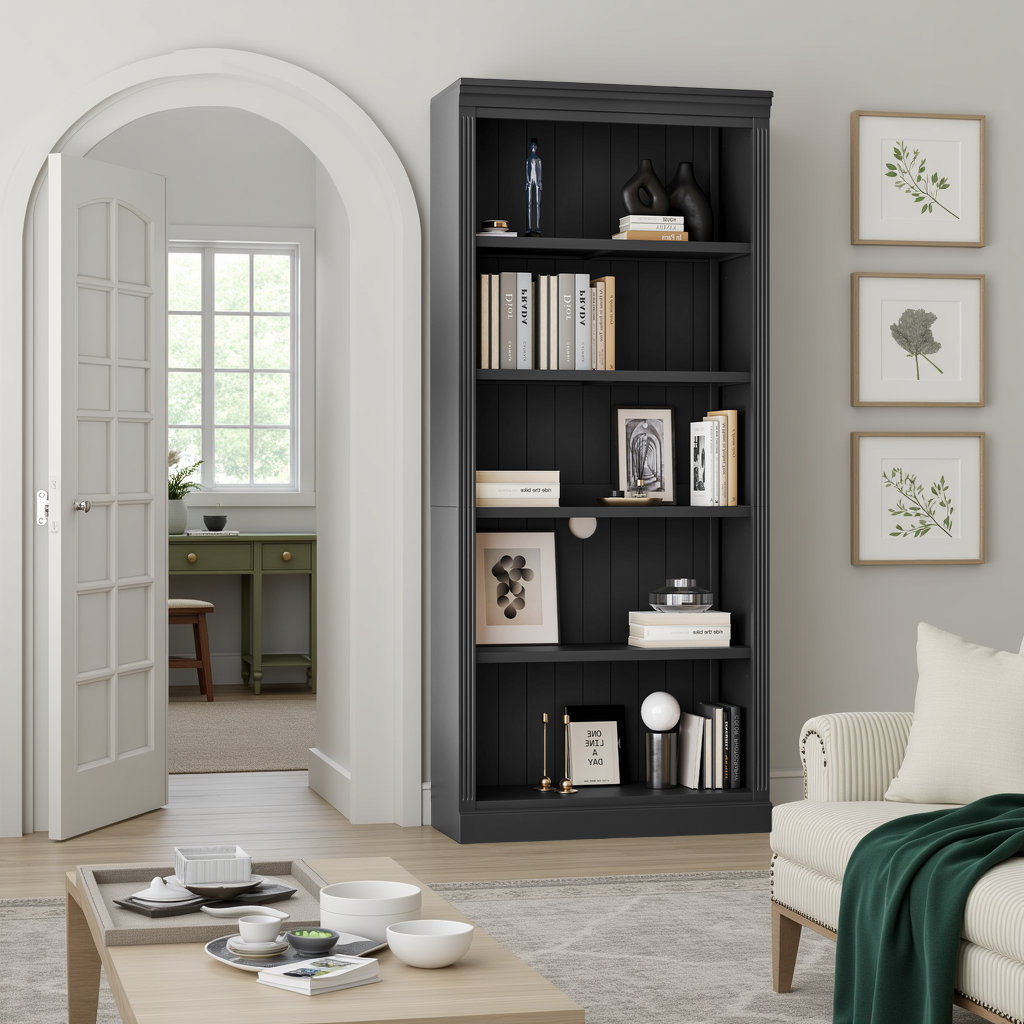 Orren Ellis Modern 5 Tier Bookcase Suite Black Solid Wood and MDF 107 ...