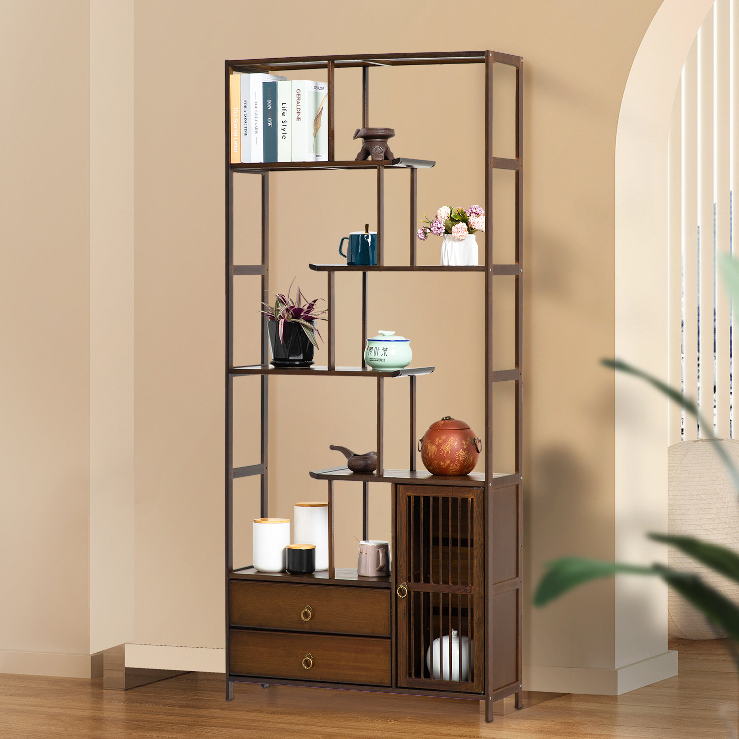Rebrilliant Bamboo 7-Tier Bookcase With 2 Drawers Vintage Staggered ...