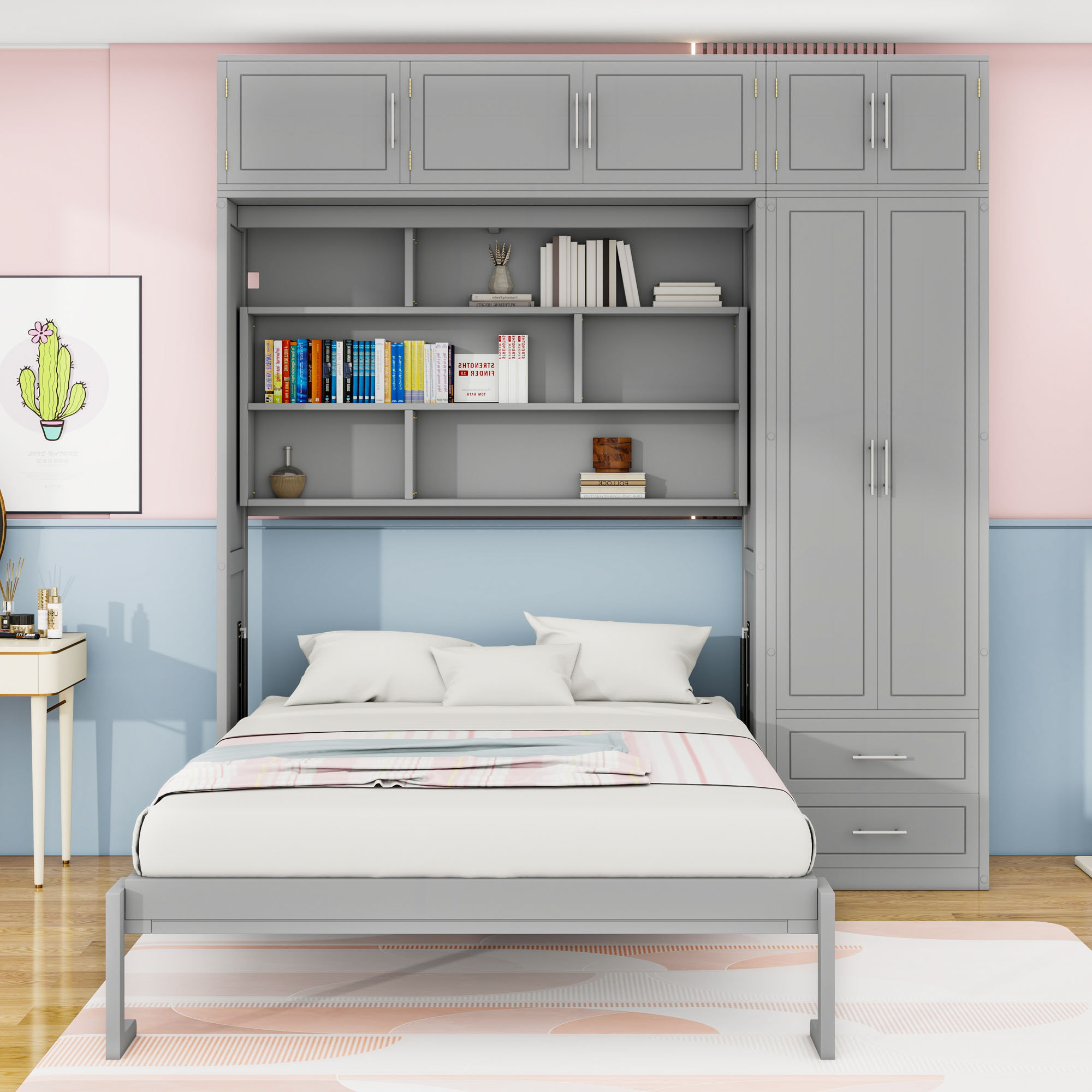 Hokku Designs Queen Size Wooden Murphy Bed with Integrated Storage ...