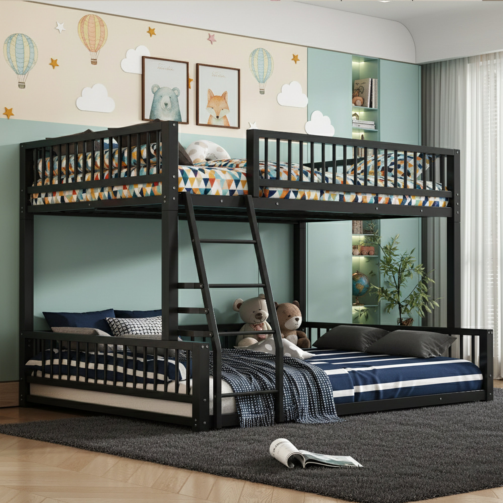 Harriet Bee Full XL Over Queen Bunk Bed - Black Metal Frame, Detachable ...