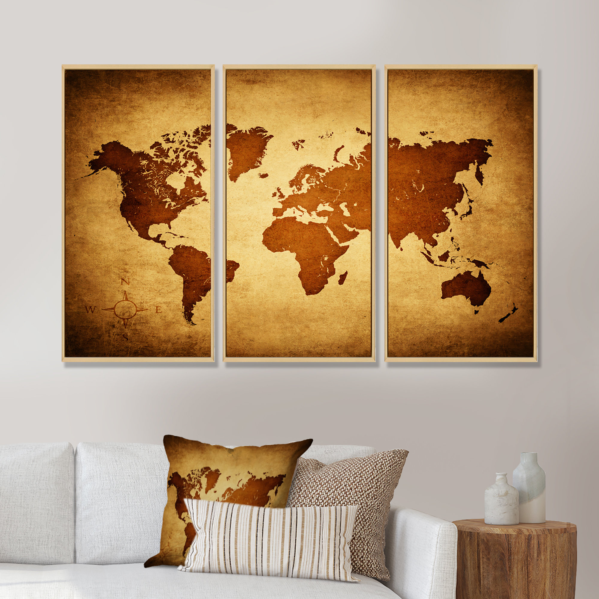 17 Stories Ancient Map of The World VI - 3 Piece Floater Frame Graphic ...
