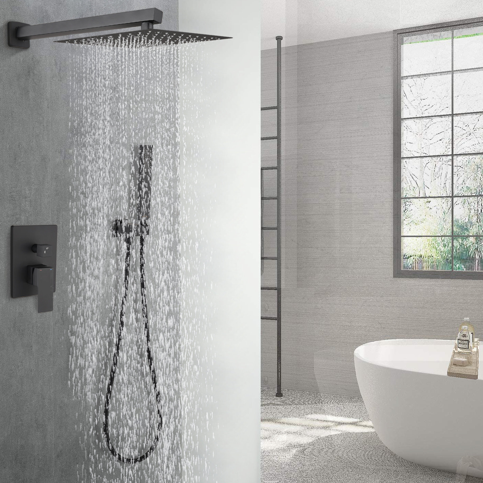 TUOXIN Matte Black Brass Rain Shower System With Hand Shower, Diverter ...