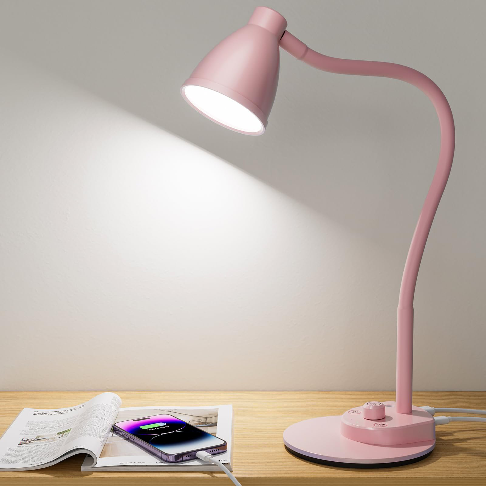 Inbox Zero Cute Pink Desk Lamp With USB Charging Port, 3 Color Modes ...