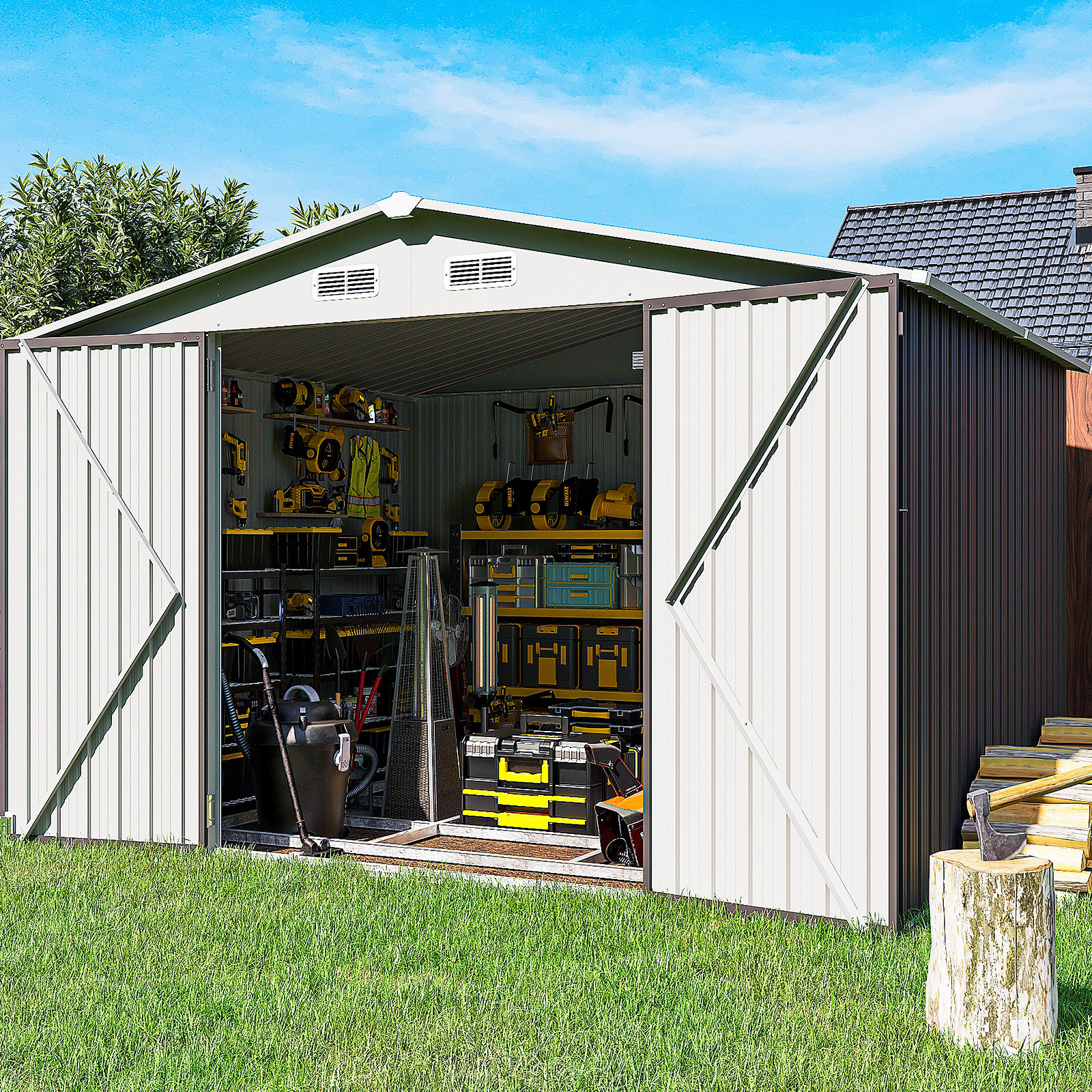 JolyDale 10 ft. W x 8 ft. D Metal Storage Shed with Metal Base Frame ...
