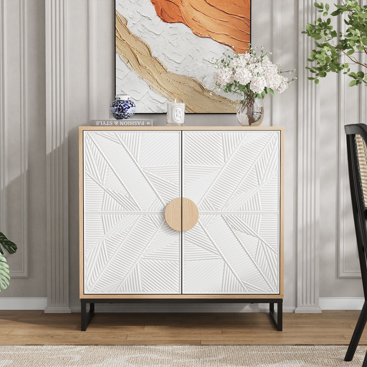 Ebern Designs Cenko 2-Door Wood Carved Cabinet, Accent white storage ...
