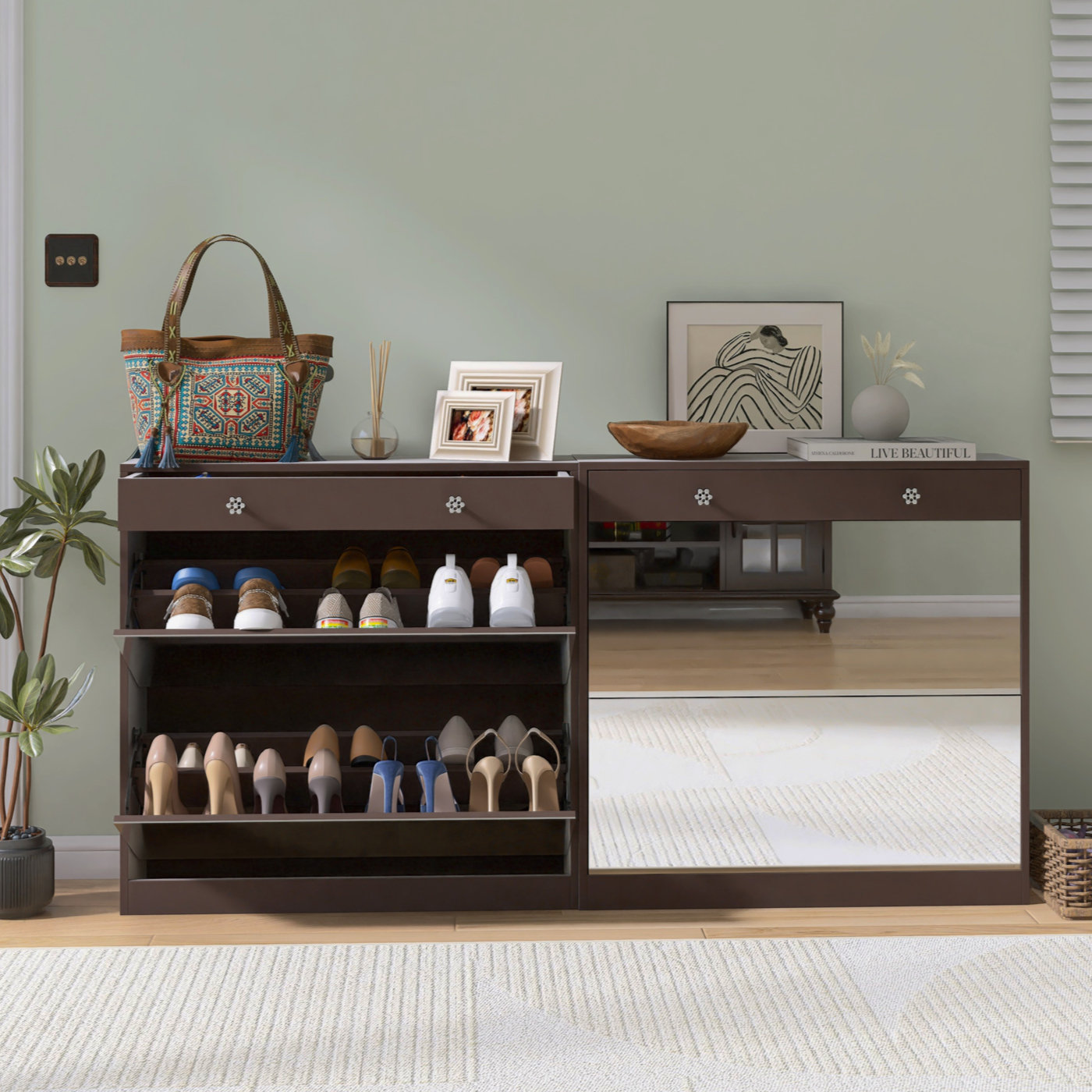 Mercer41 Mirror Shoe Cabinet With 2 Tier Drawers, Mirror Shoe Rack With ...