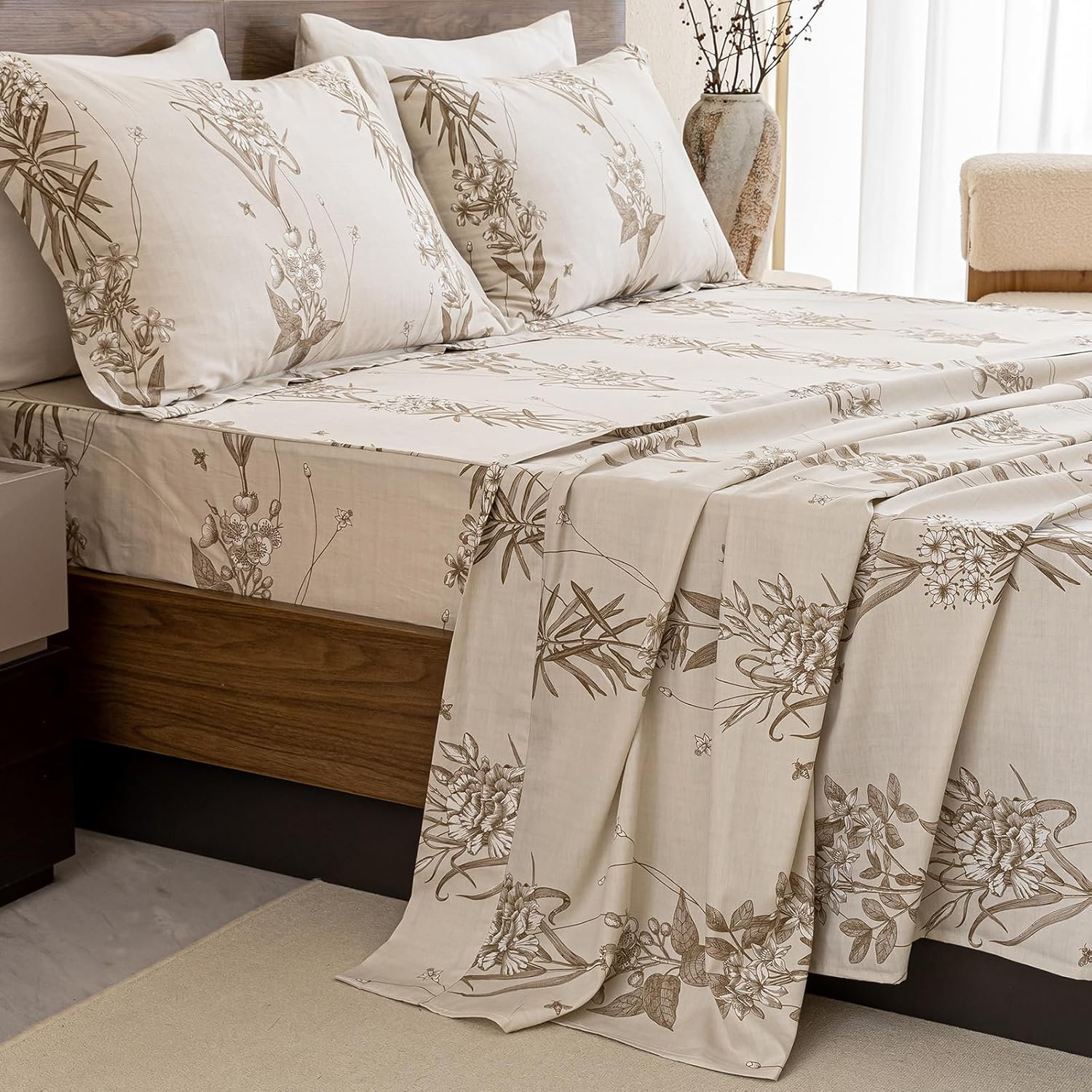 AMIPOR Floral Queen Size Sheet Sets 100% Cotton Botanical Printed ...