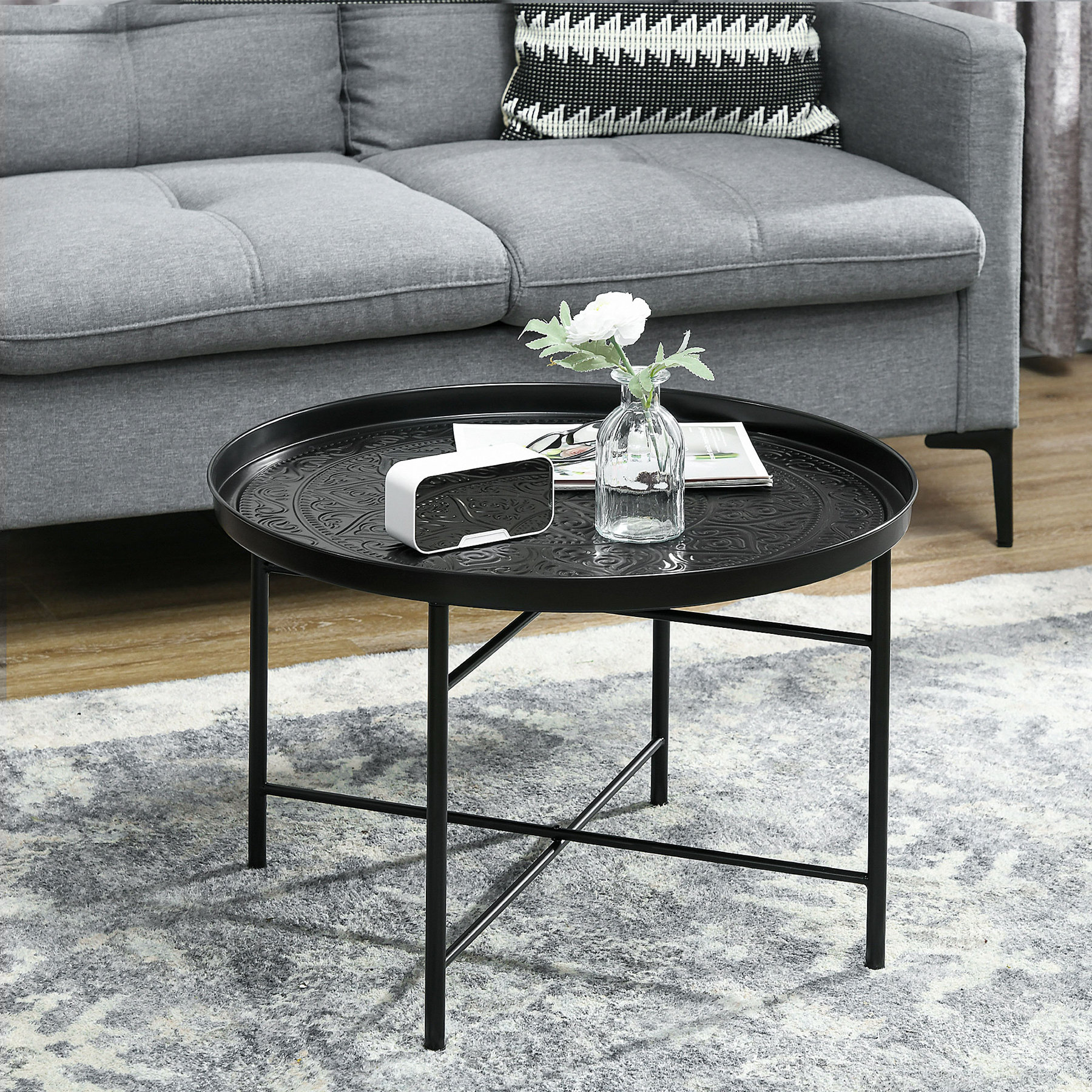 Ebern Designs Round Coffee Table with Hammered Tray Top, Vintage Metal ...