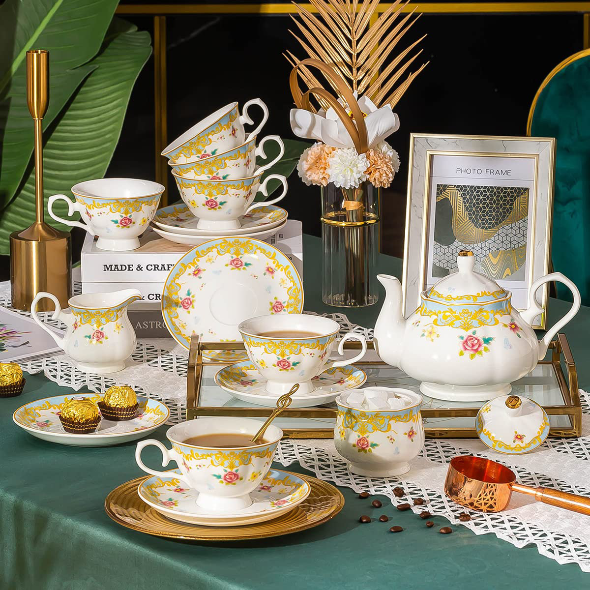 Everly Quinn 21 Piece Porcelain Tea Set,Floral Tea Sets For Women,Tea ...