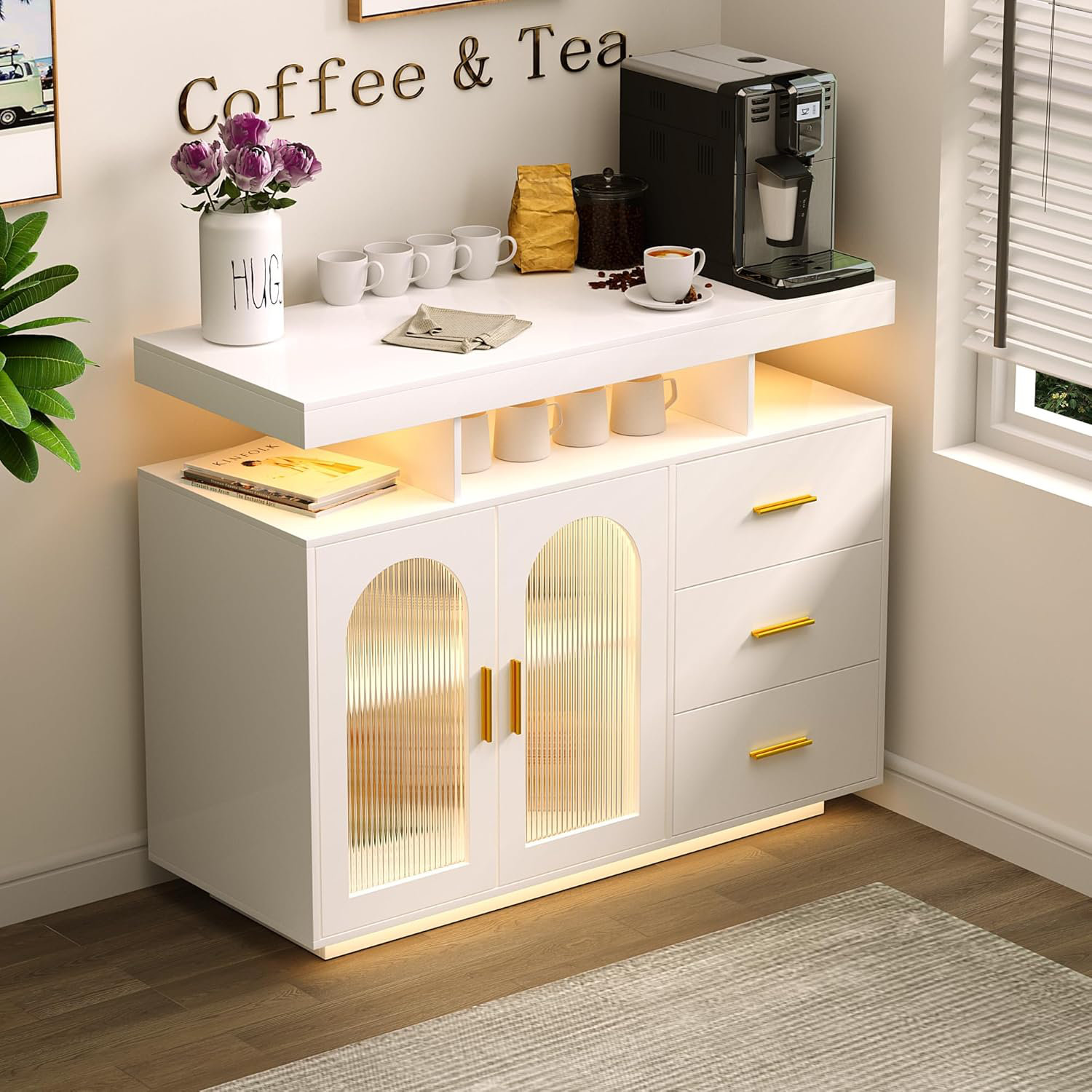 Ivy Bronx Sideboard Buffet Cabinet with Charging Station, Coffee Bar Table with RGB LED Light ...