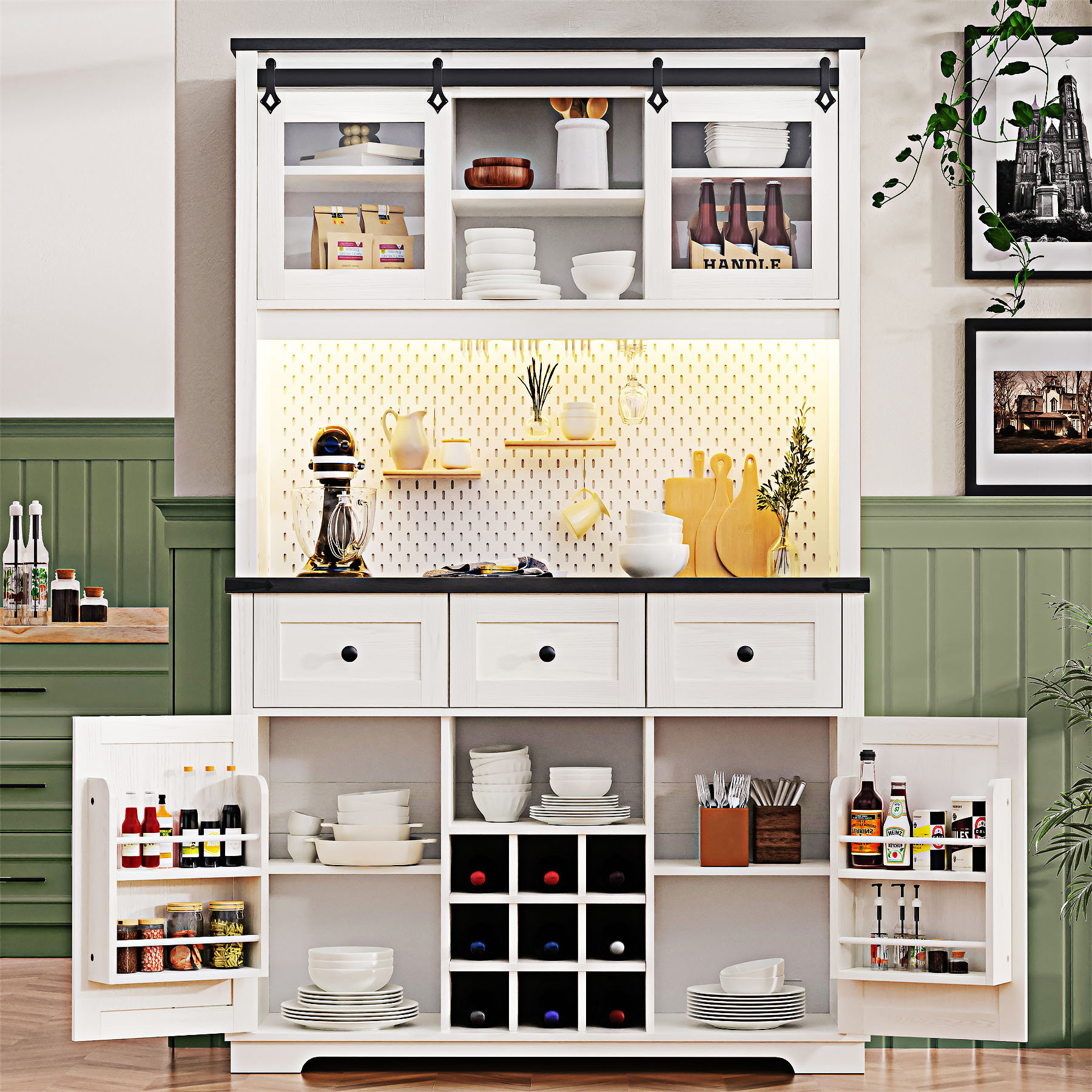 Ivy Bronx Farmhouse Pantry Bar Cabinet With Storage | Wayfair
