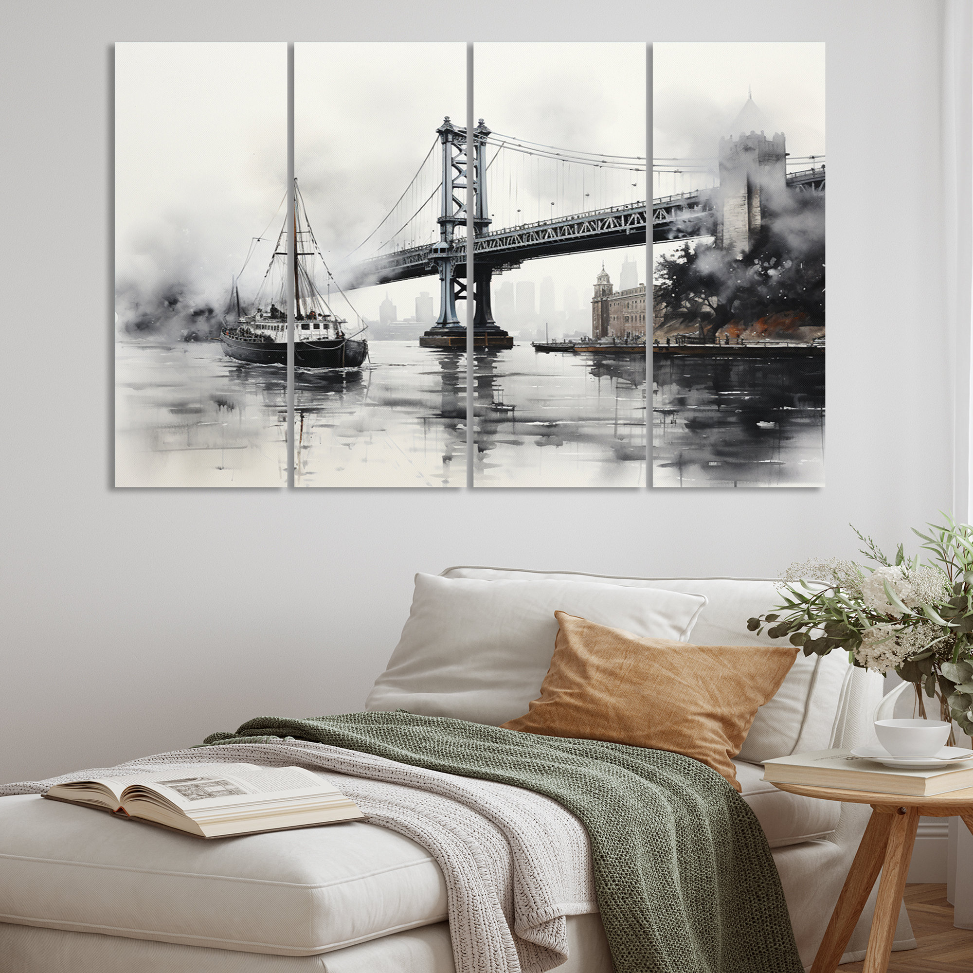 Ebern Designs Gray Bridge Urban Suspension III On Canvas 4 Pieces Print ...